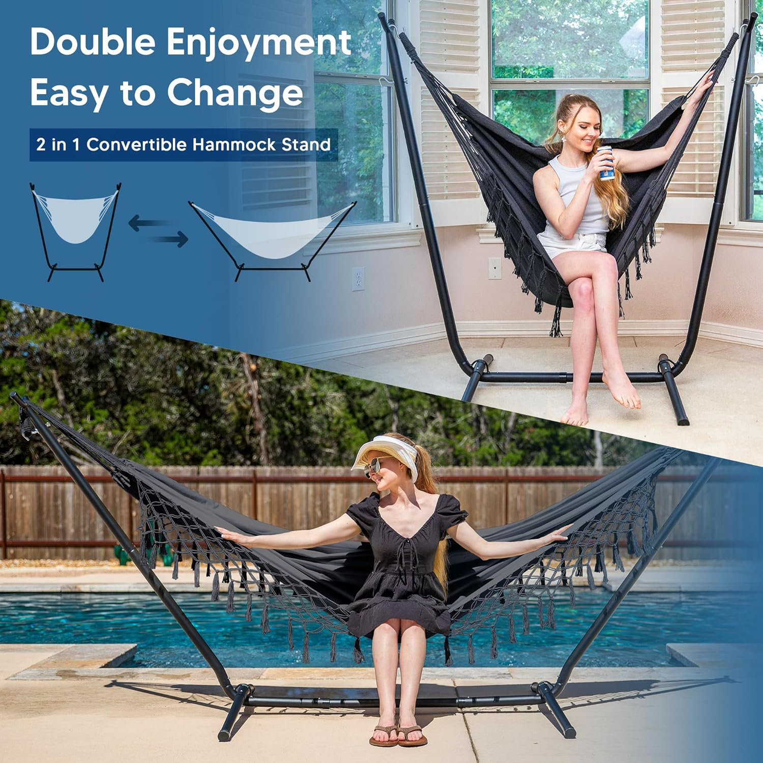 Dakota Fields 2-in-1 Hammocks Convertible Portable Double Hammock with ...