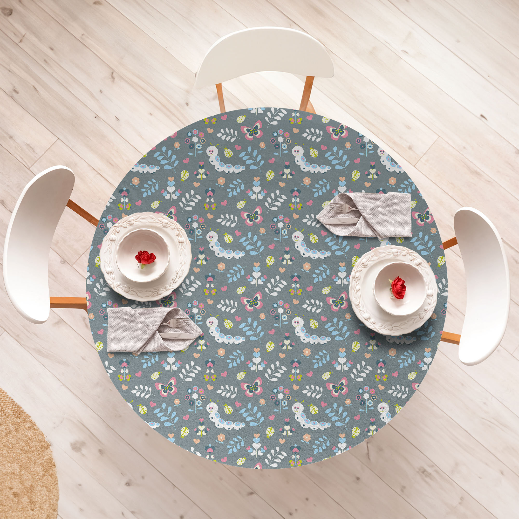 Bungalow Rose Cartoon Fitted Round Tablecloth Diameter Grey Multicolor ...