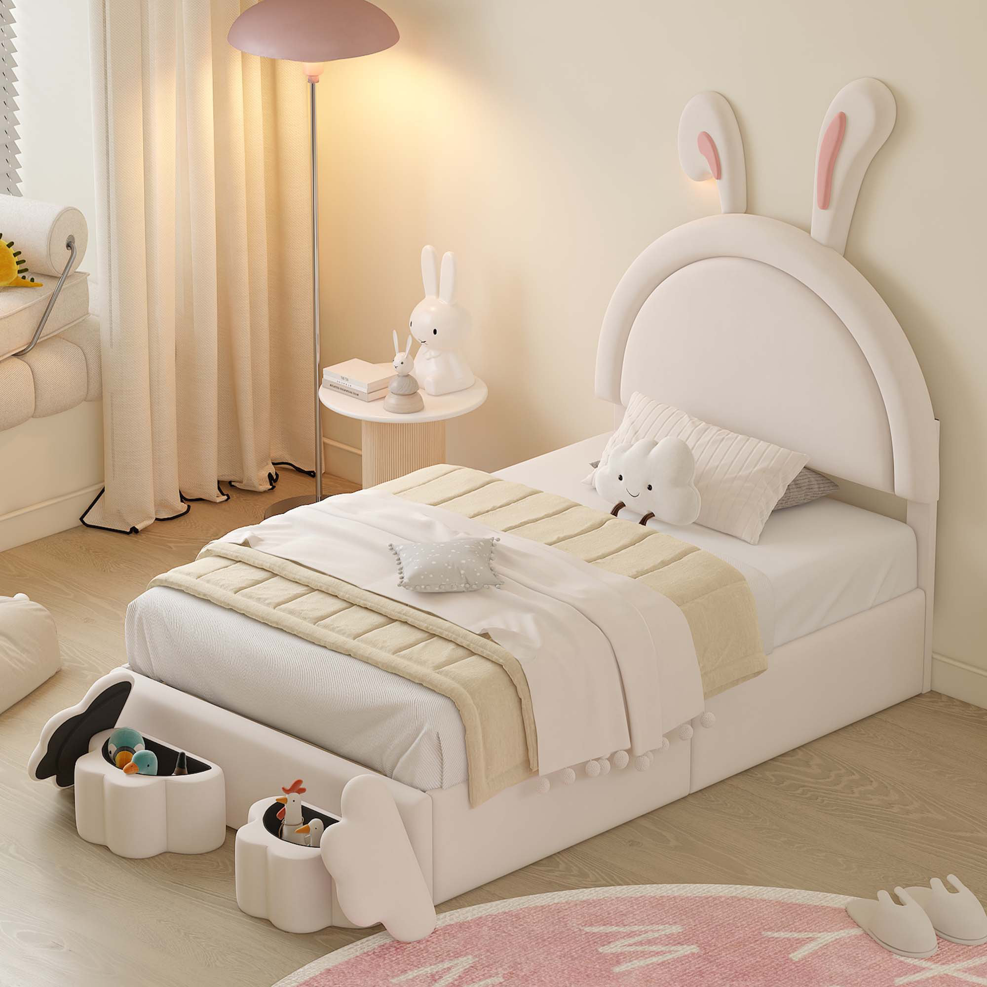 Zoomie Kids Upholstered Rabbit-Shape Bed With 2 Storage Stools, Velvet ...