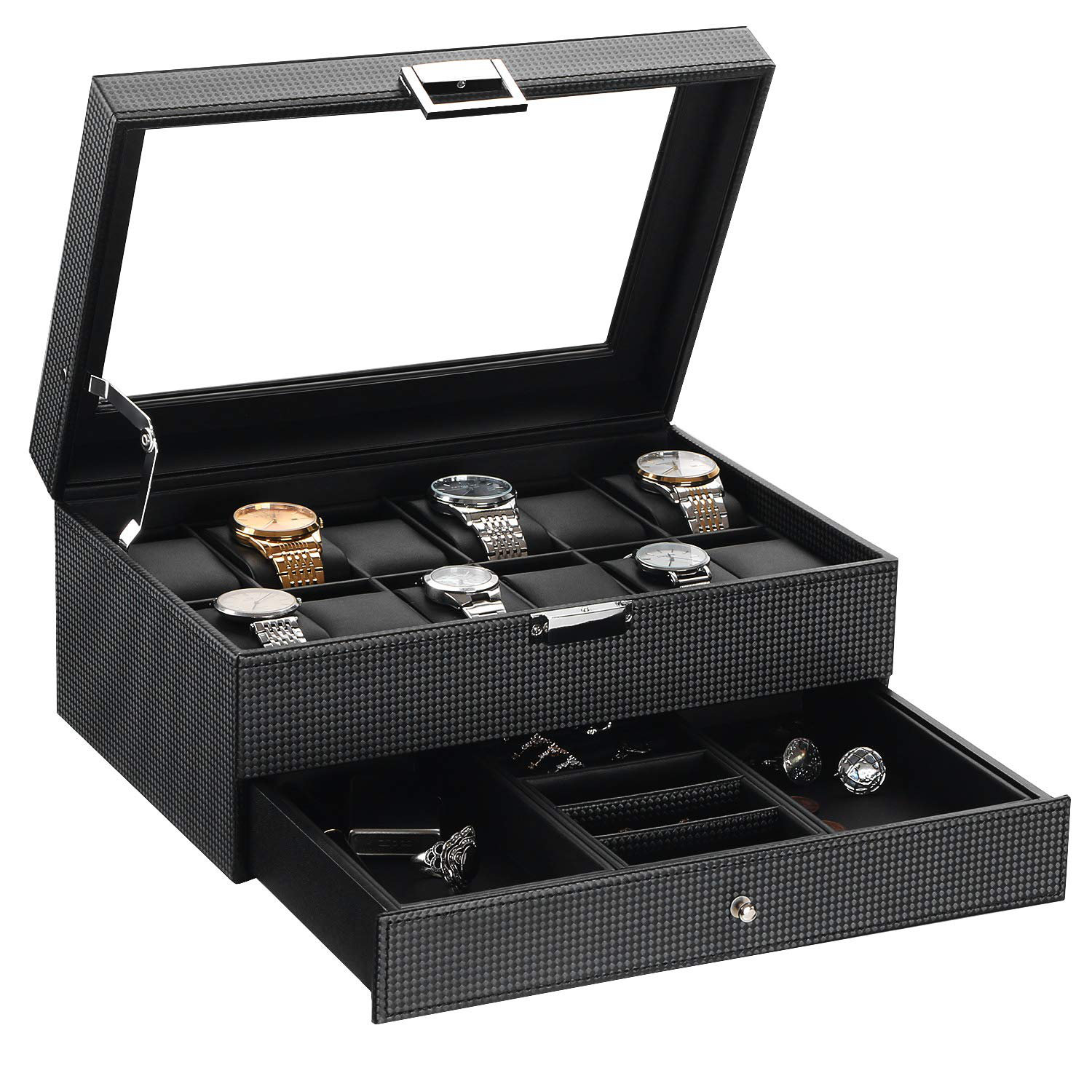 Latitude Run® 12 Slot Watch Case With Valet Drawer, Mens Watch Display ...