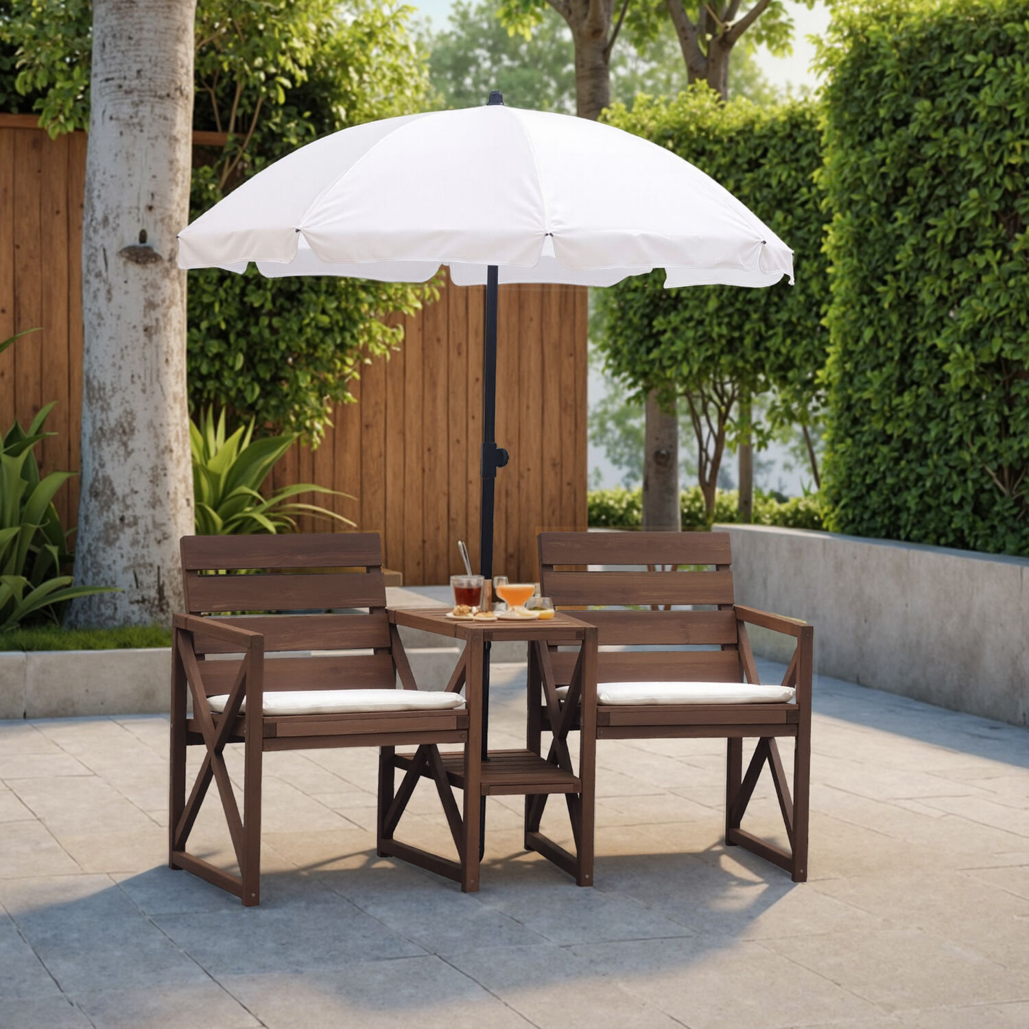 Gracie Oaks Wood Outdoor Conversation Set with Two Seats, Table, and ...