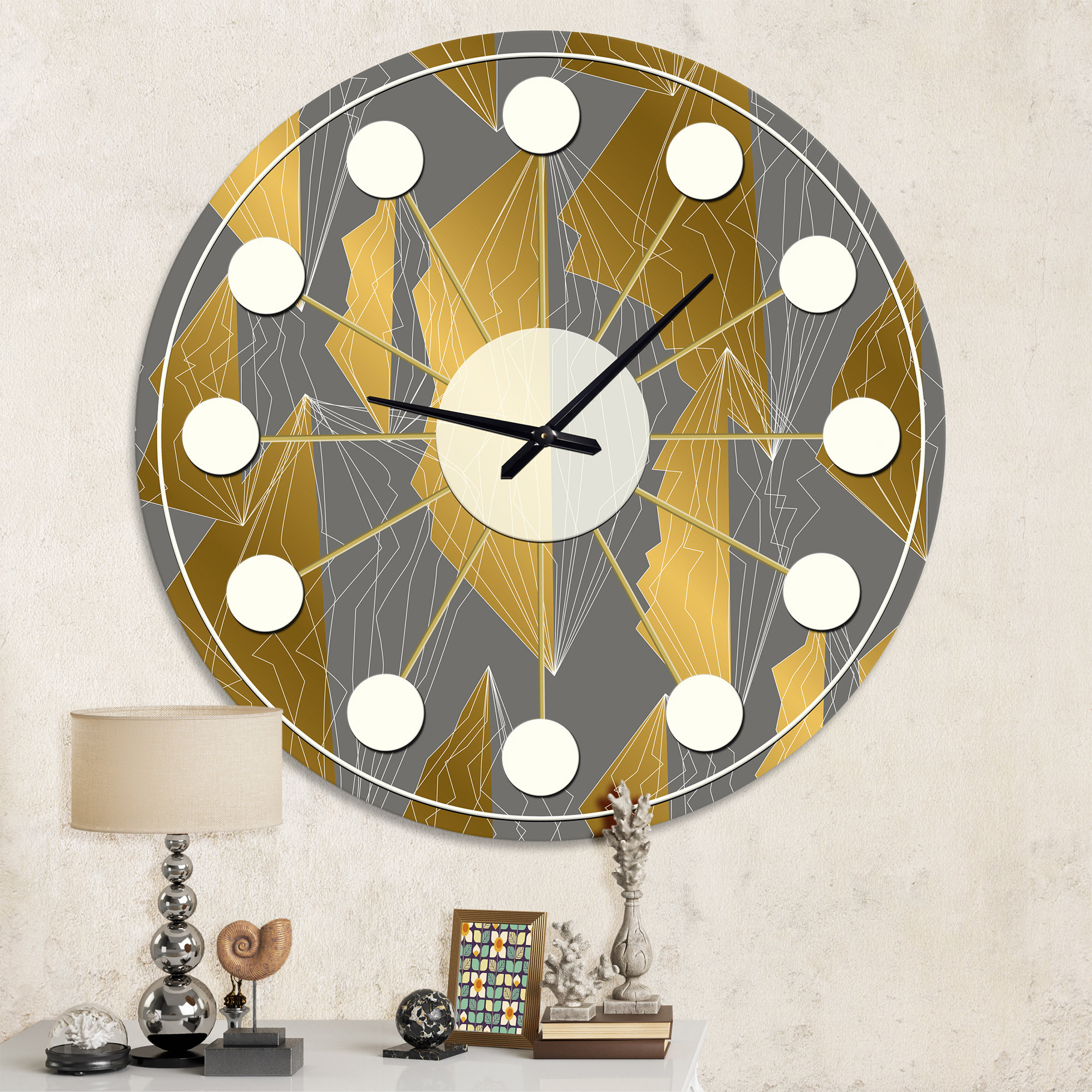 East Urban Home Golden Polygon Pattern - Mid-Century Modern wall clock ...