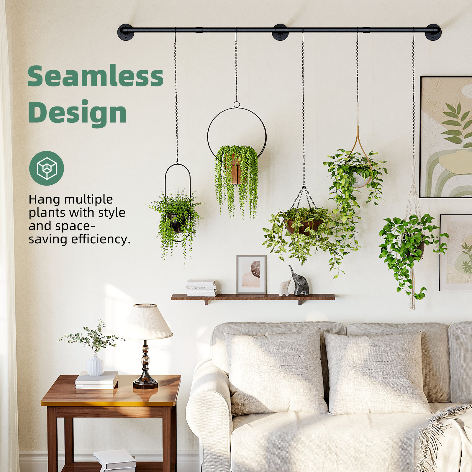 Arlmont & Co. 70.8" Black 6-Chain Indoor Plant Hanger Rod, Window ...