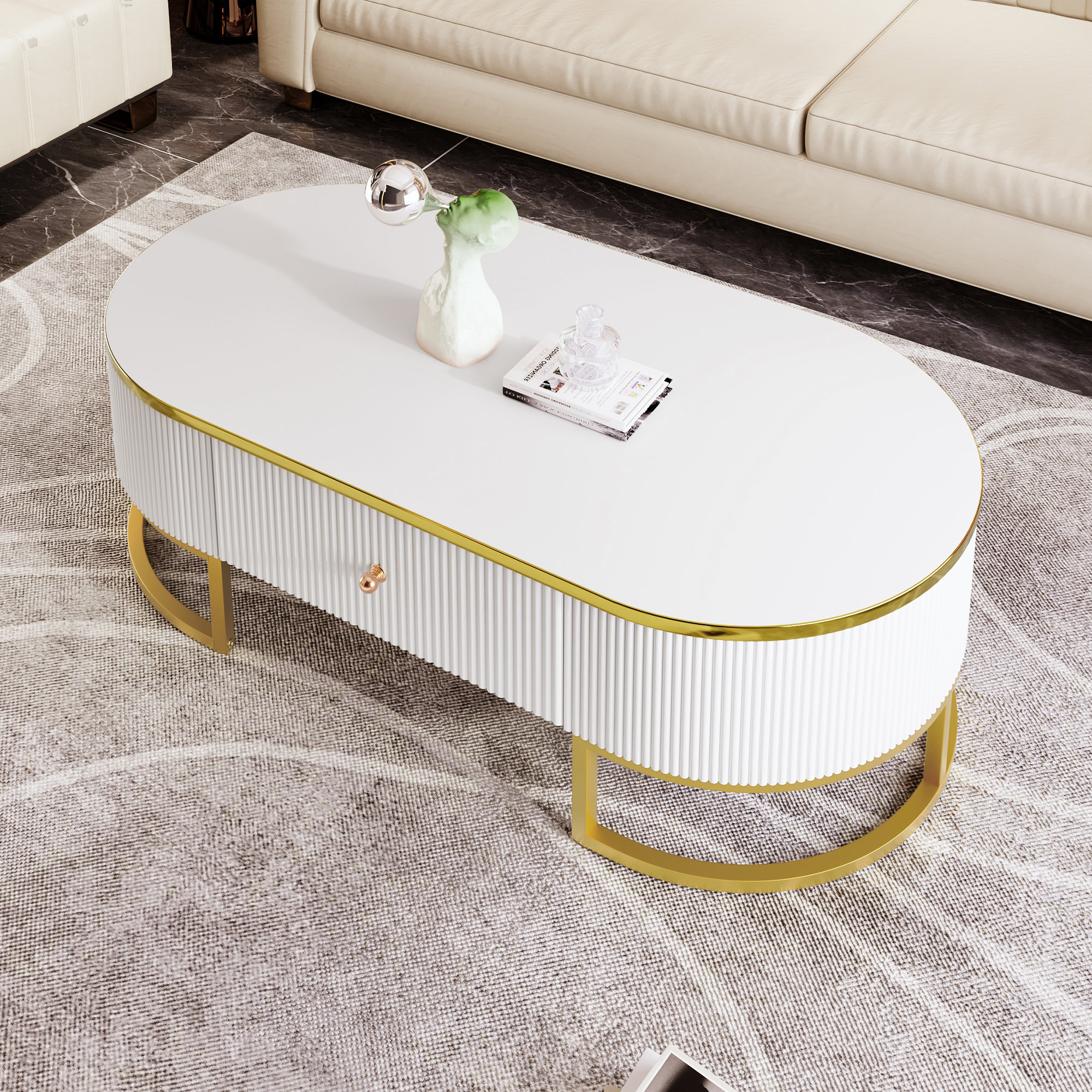 LIYU Modern Oval Coffee Table with Drawers,Curved Profile Design, Gold ...