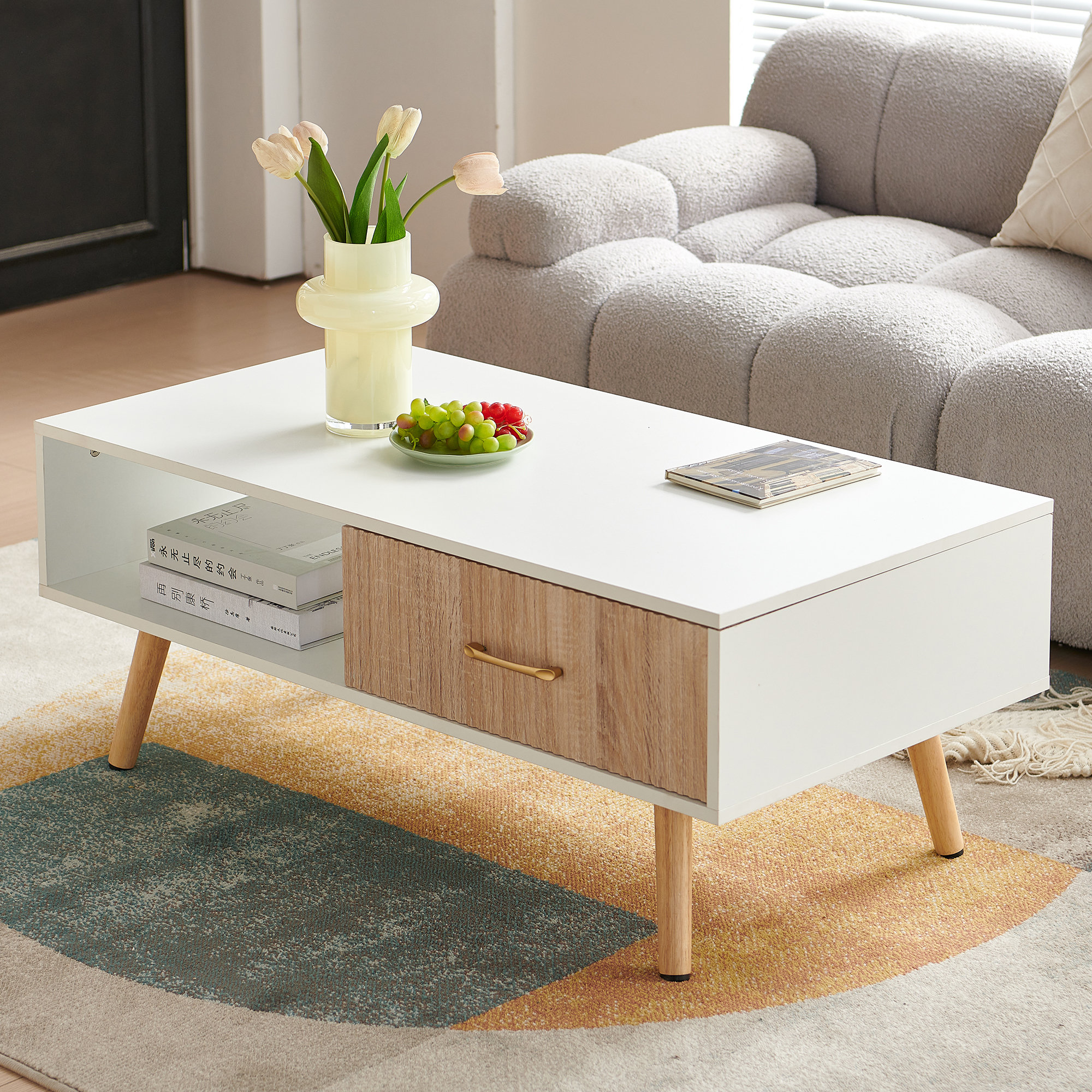 George Oliver Modern Storage Coffee Table Solid Wood Living Room White ...