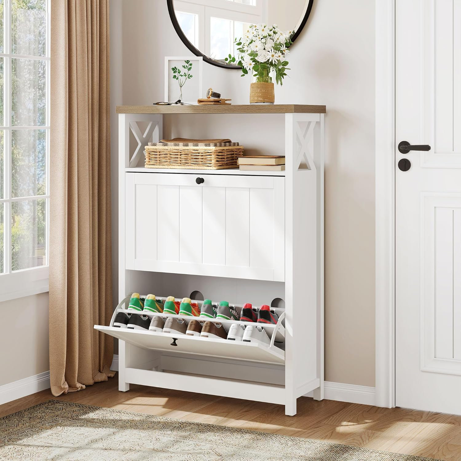 Gracie Oaks Shoe Cabinet with 2 Flip Drawers, Entryway Shoe Storage ...