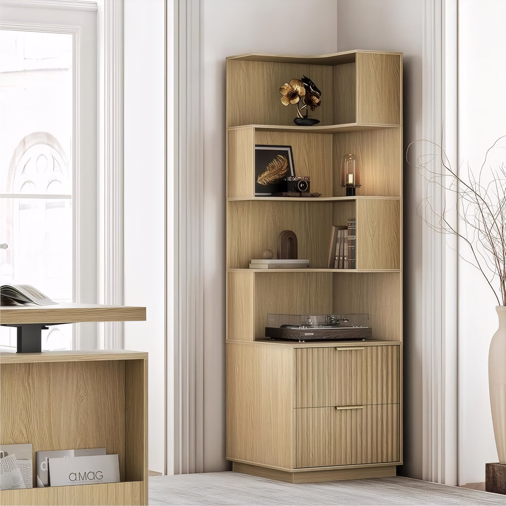 Ebern Designs 71" Tall L-Shaped Bookcase With 2 Drawers | Wayfair