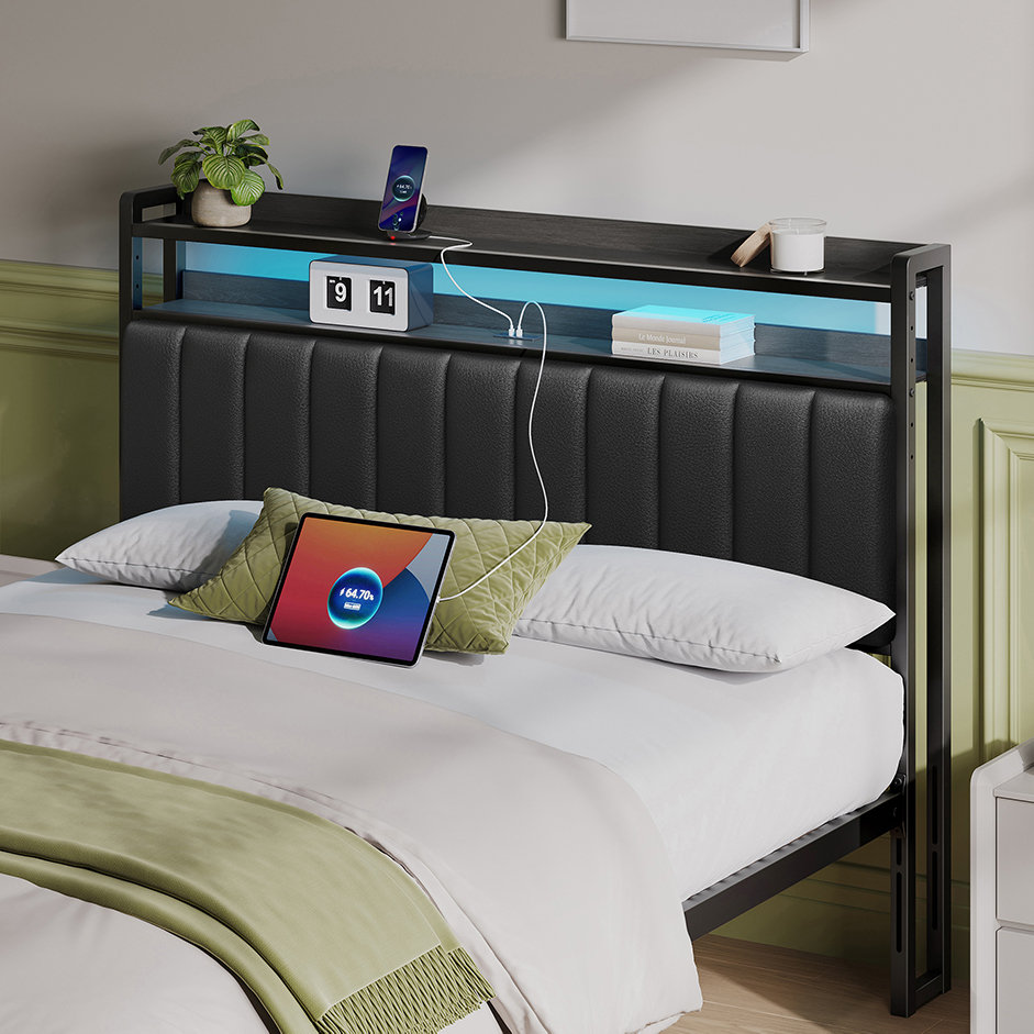 17 Stories Storage Upholstered Headboard With RGB LED Lights & Charging ...