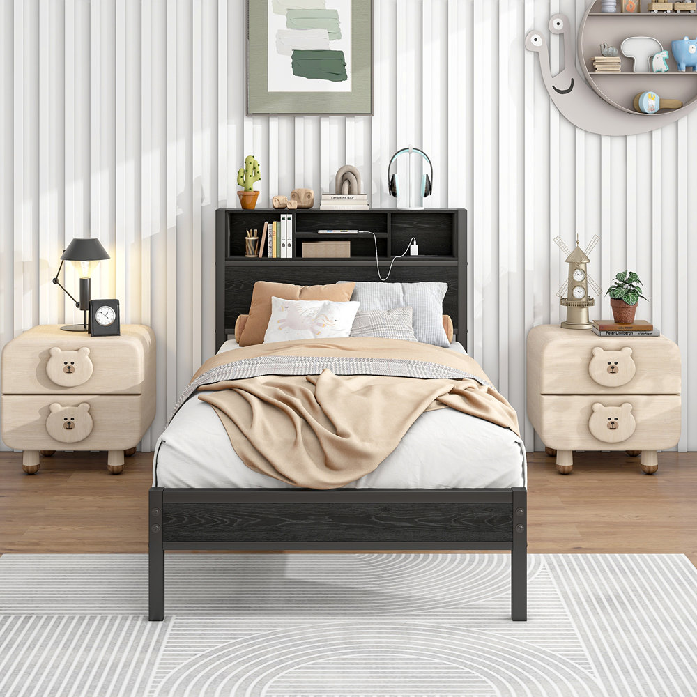 Red Barrel Studio® Sturdy Metal Twin Bed Frame with Storage Headboard ...