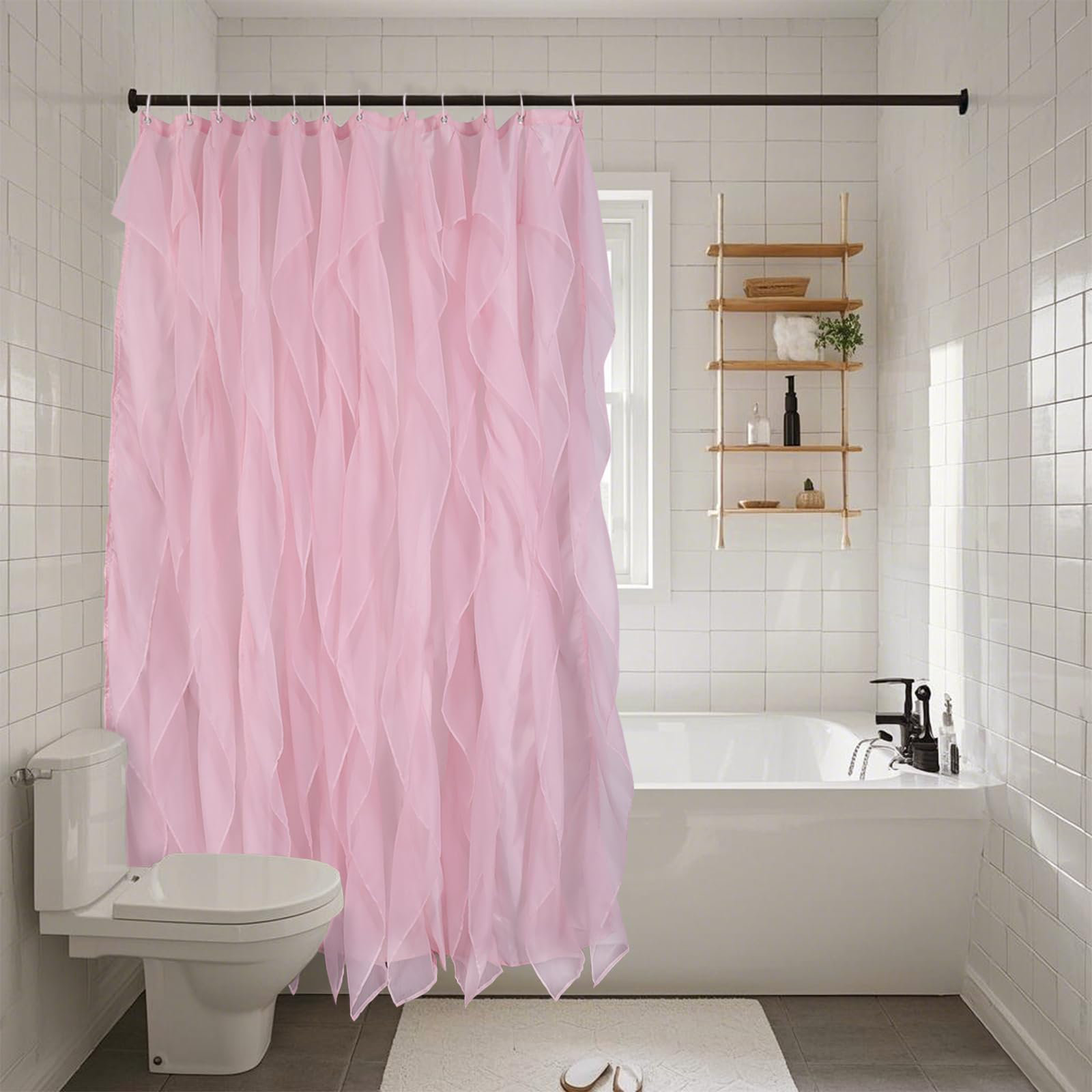 Mercer41 Pink Ruffle Shower Curtains For Bathroom Farmhouse Sheer ...