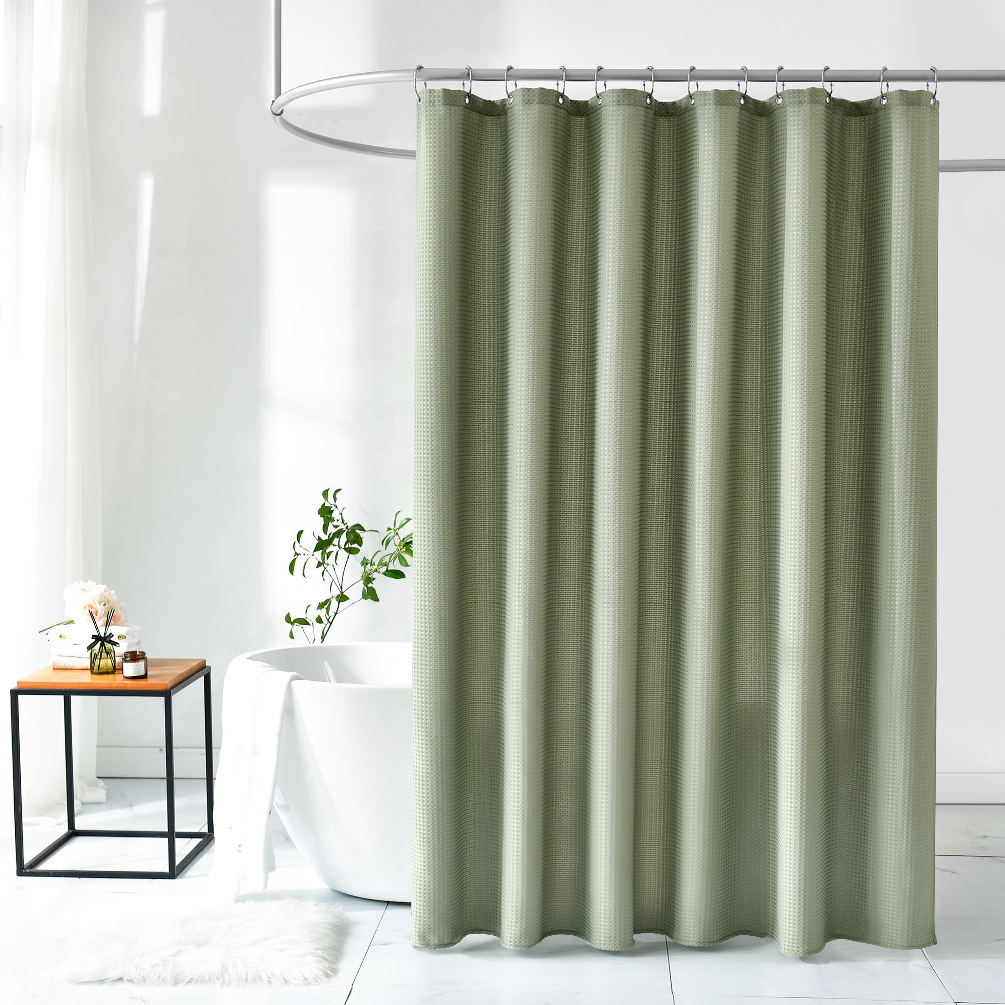 Ebern Designs Sulmy Solid Color Shower Curtain with 12 Stainless Steel ...