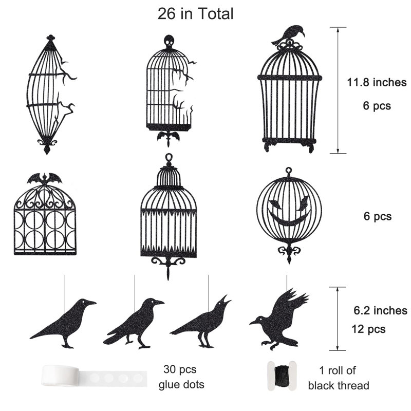 COEN Black Crow & Cage Garland: Gothic Glitter Halloween Decorations ...