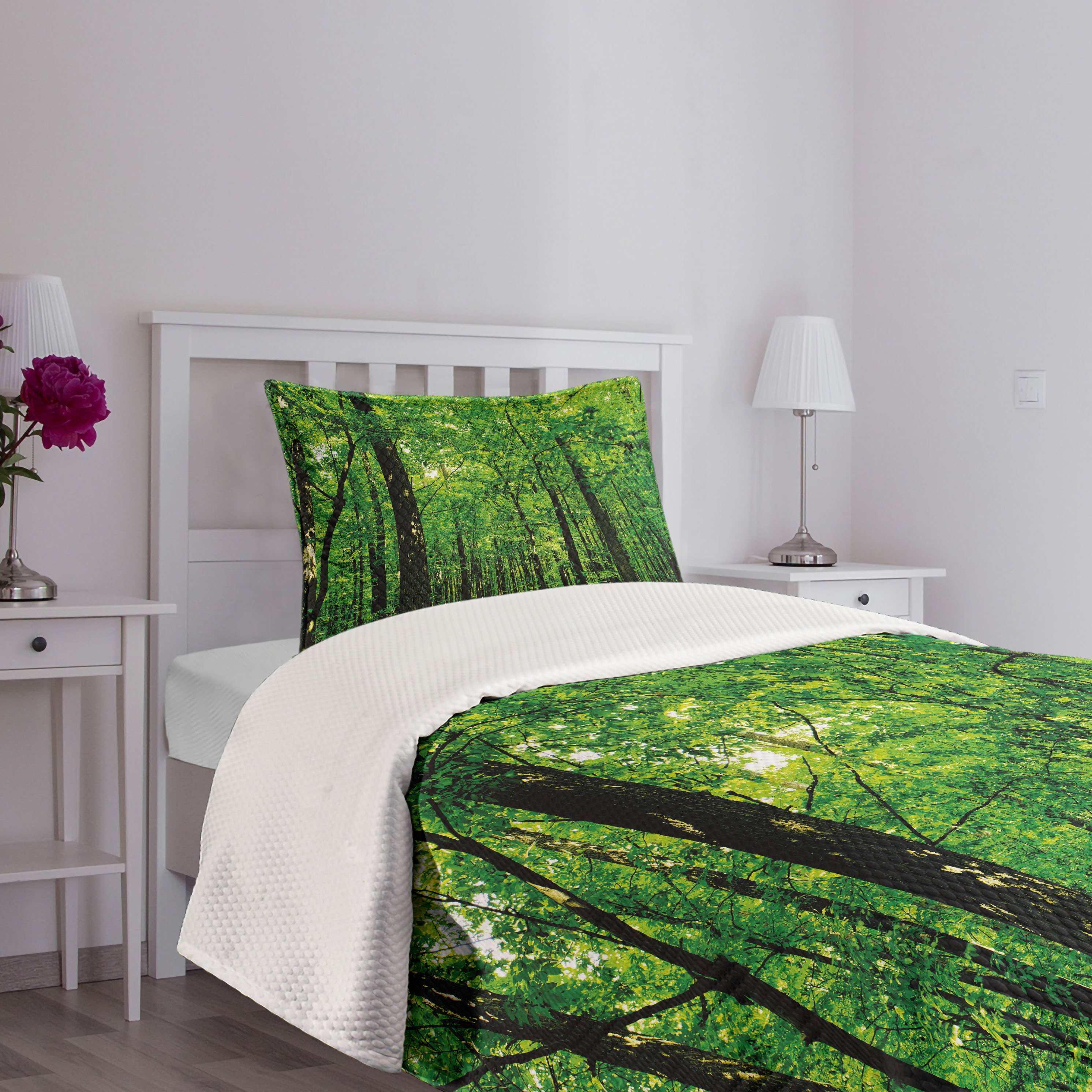 Ambesonne Nature Bedspread Set Woodland Tree Forest Sun Fern Green Seal ...