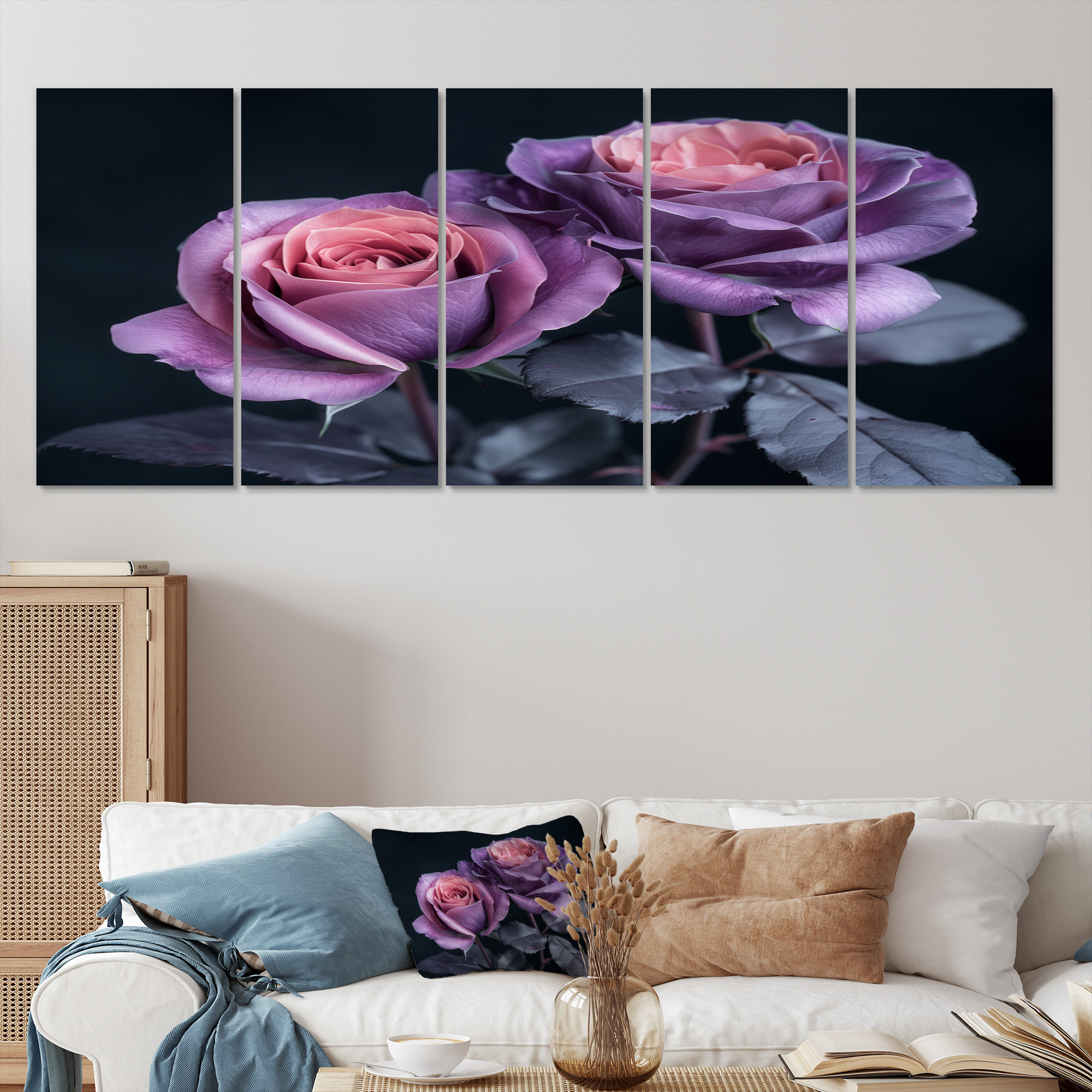 Ebern Designs Monochrome Black And Purple Roses Bloom - Roses Canvas ...