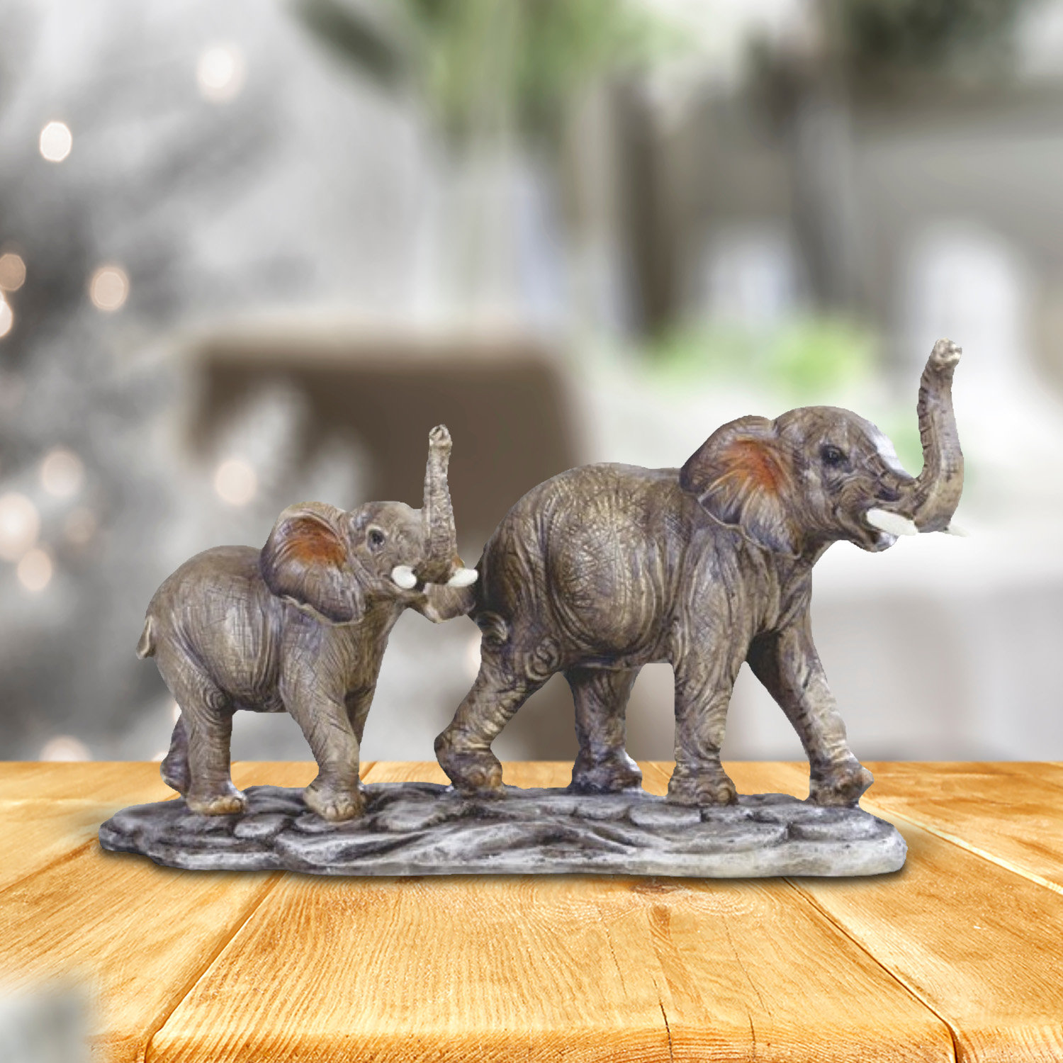 Bungalow Rose 9.75"W Elephant Mother and Baby with Trunk Up Figurine ...