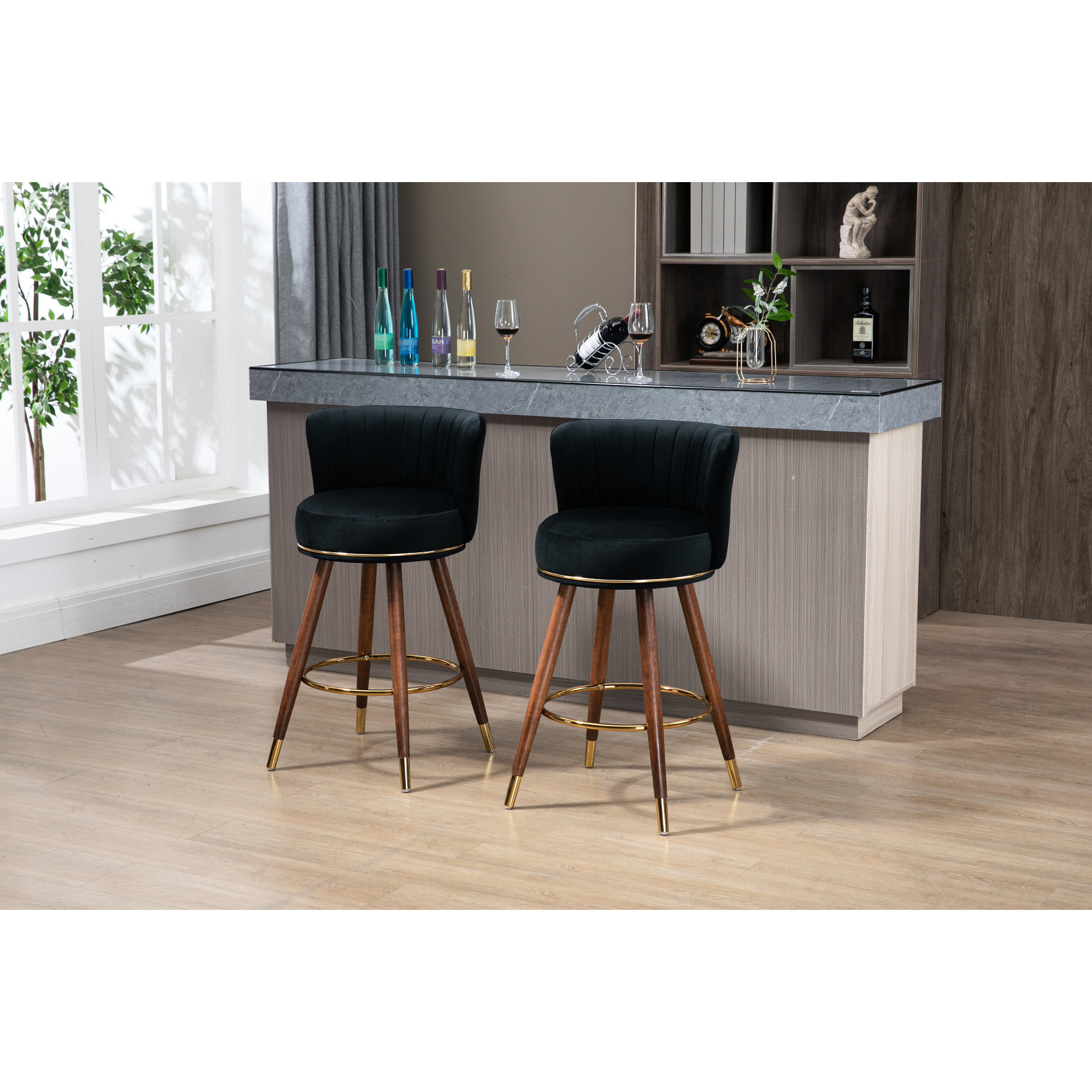 Everly Quinn 2 Counter Height Bar Stools - Solid Wood Legs 360-degree ...