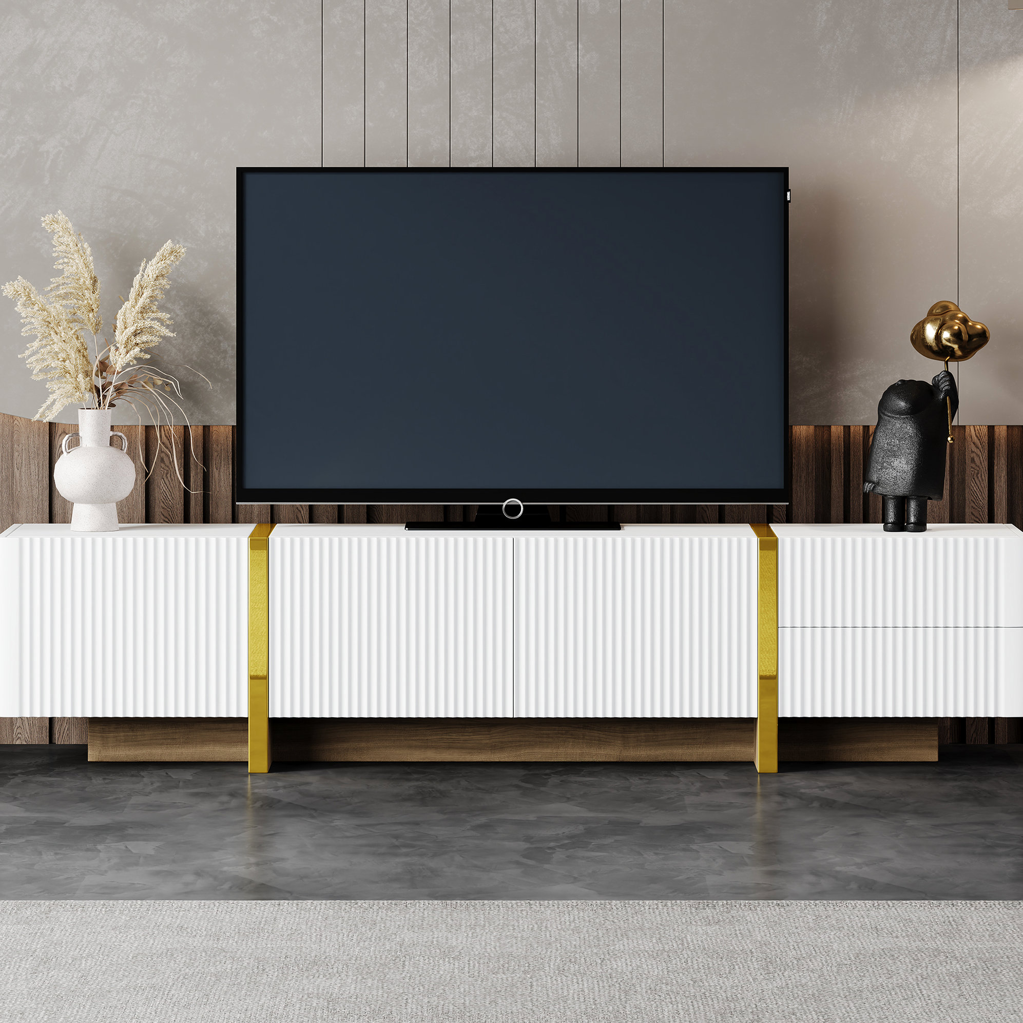 Ebern Designs Luxury Tv Stand For 80" Screen: Black With Fluted Panels ...
