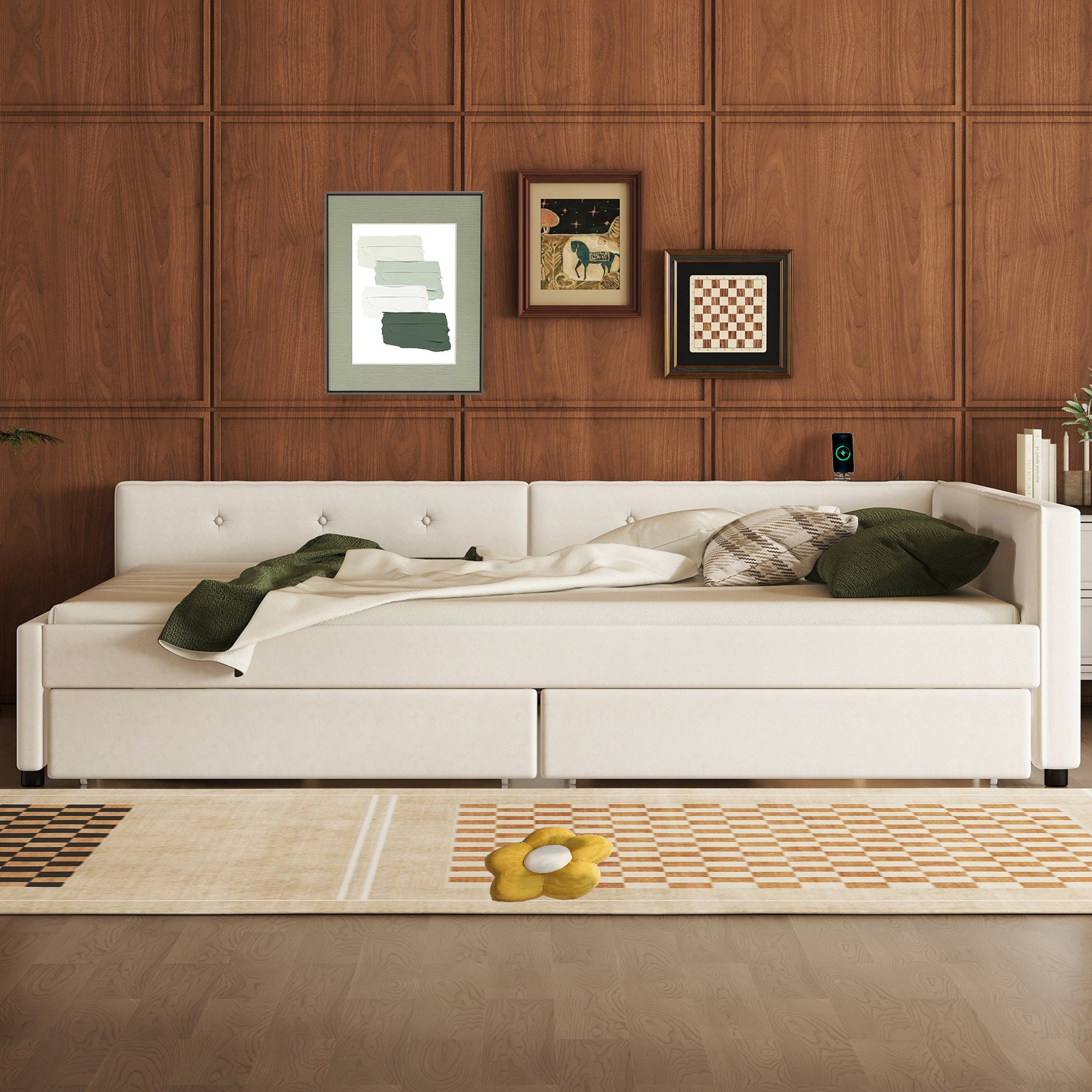 Latitude Run® Upholstered Linen Platform Daybed With USB Charging And 2 ...