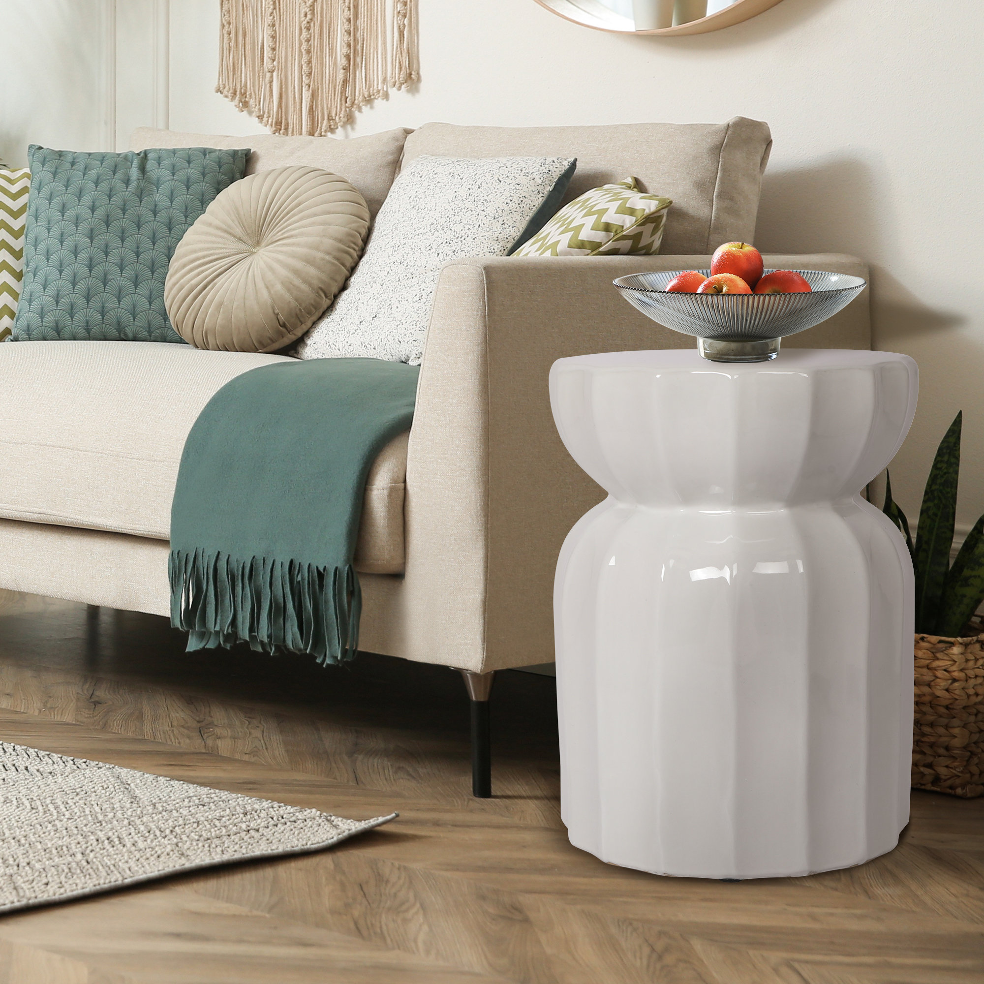 Brayden Studio® 17 Inch Tall Ceramic Accent Stool White Drum Indoor ...