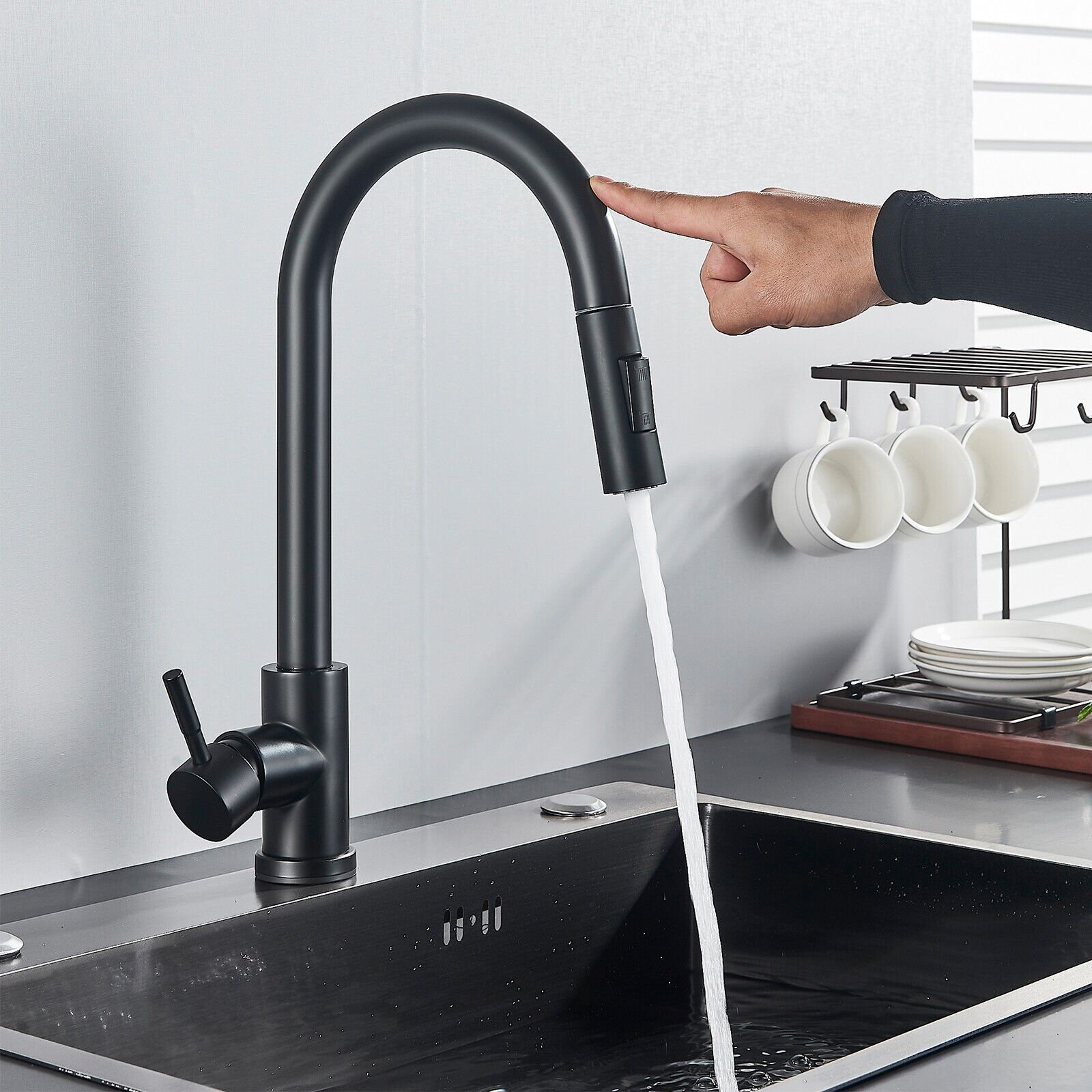 Senlesen Touch Sensor Kitchen Sink Faucet Black Pull Down Sprayer ...