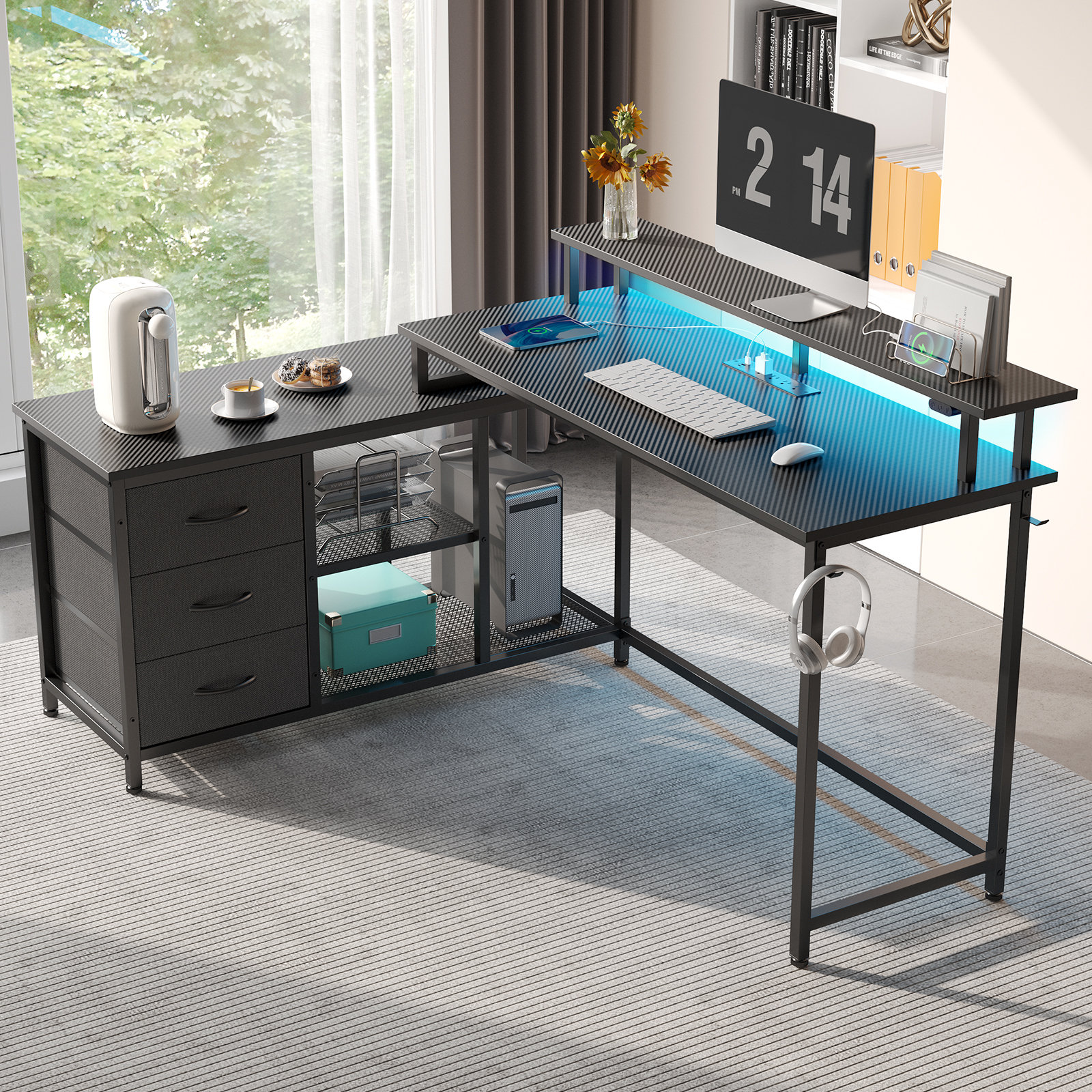 Wrought Studio™ L Shaped Desk with RGB LED Lights & Outlets, Reversible ...