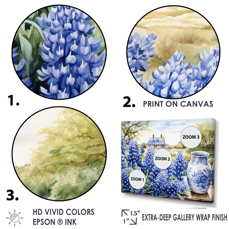 August Grove® Blue Bonnets Farmhouse Still Life Framed On Canvas Print ...