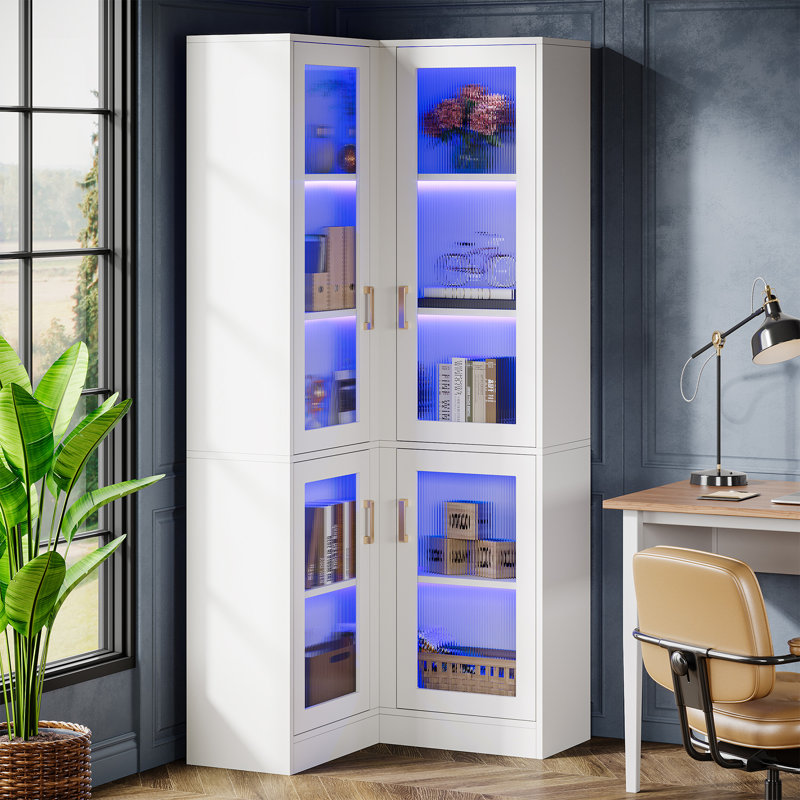 Ivy Bronx 70.9" L-Shaped Bookcase with LED Light and 4 Acrylic Doors ...