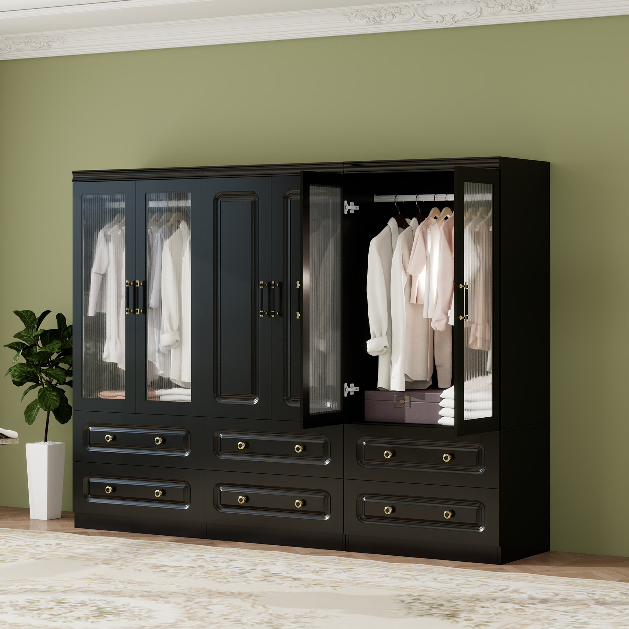 Red Barrel Studio® Black Armoire Wardrobe Closet with Six Doors , Large ...