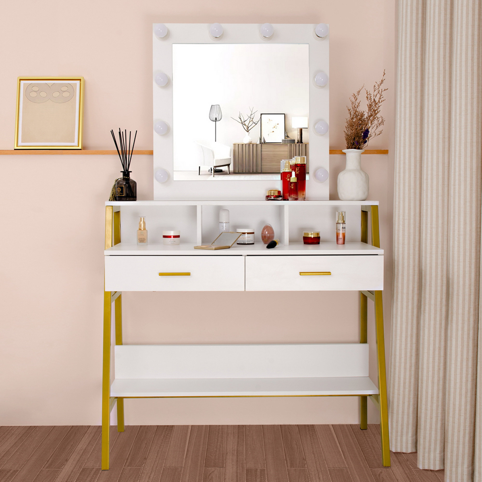 Mercer41 2-Drawers Single Mirror Steel Frame Dressing Table With Light ...