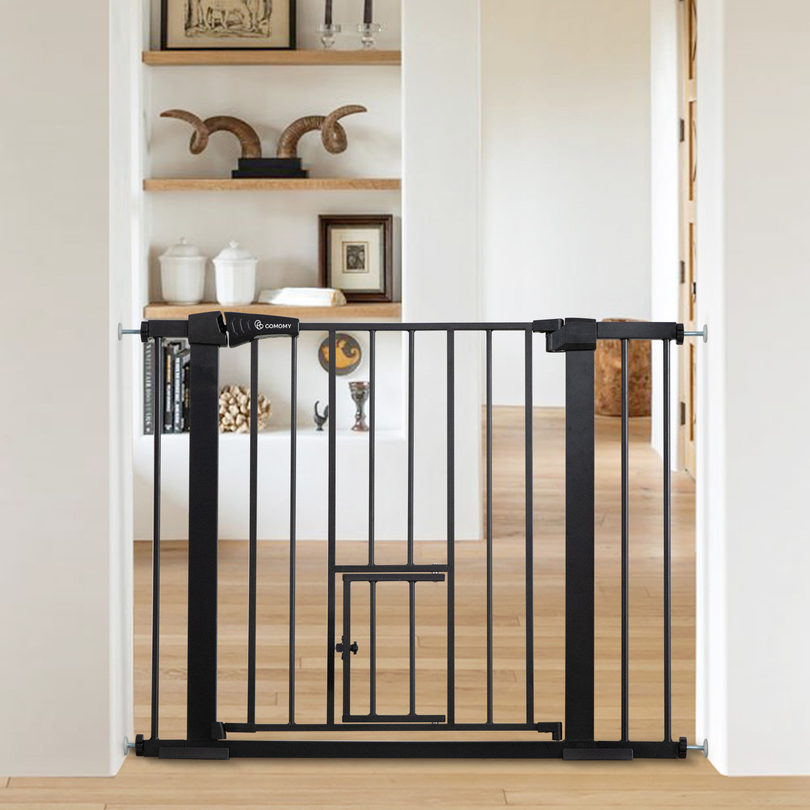 Comomy 30" H Auto Close Walk Thru Safety Gate with Pet Door Pressure ...