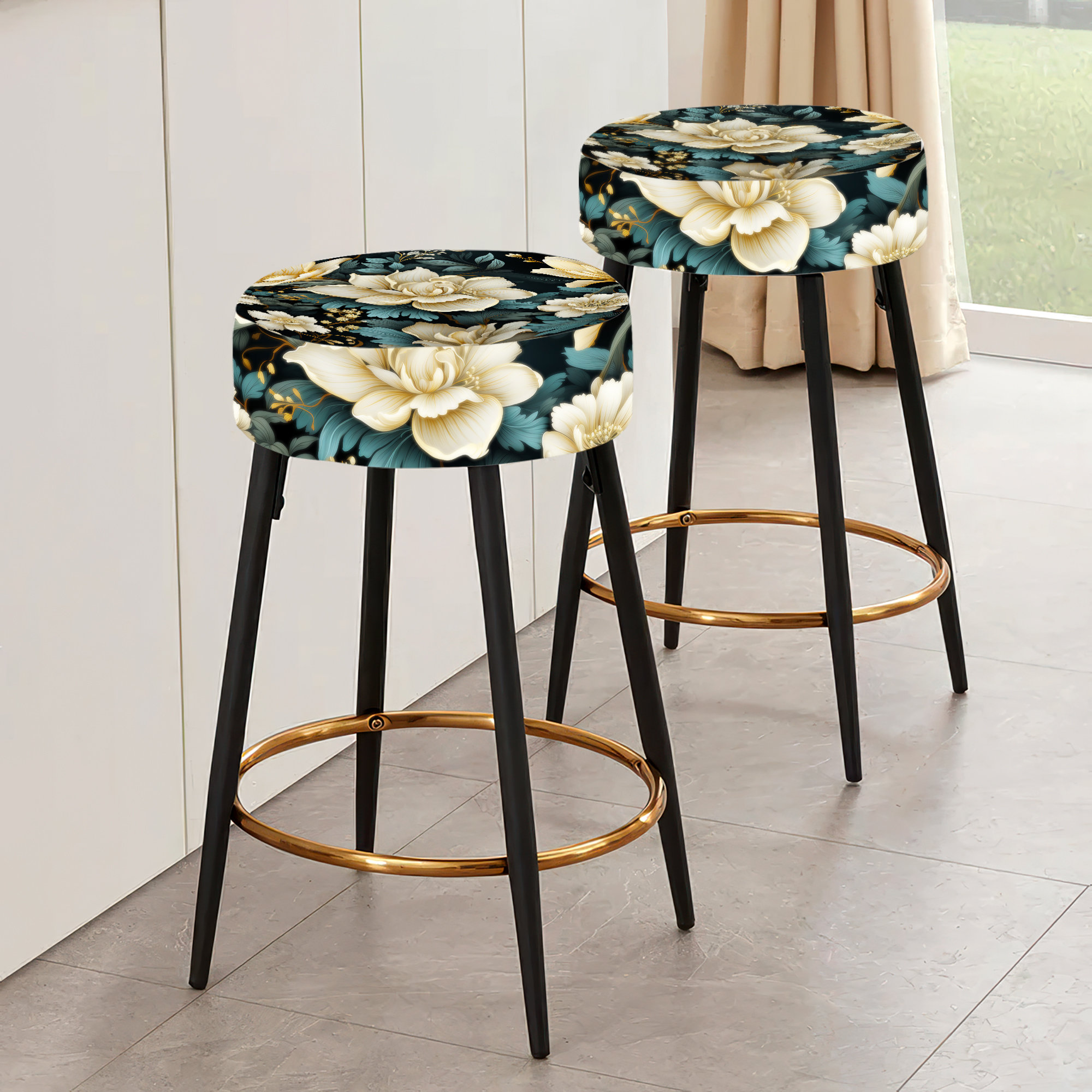 Design Art Botanical Green Damask Harmony - Damask Bar Stools Set Of 2 ...