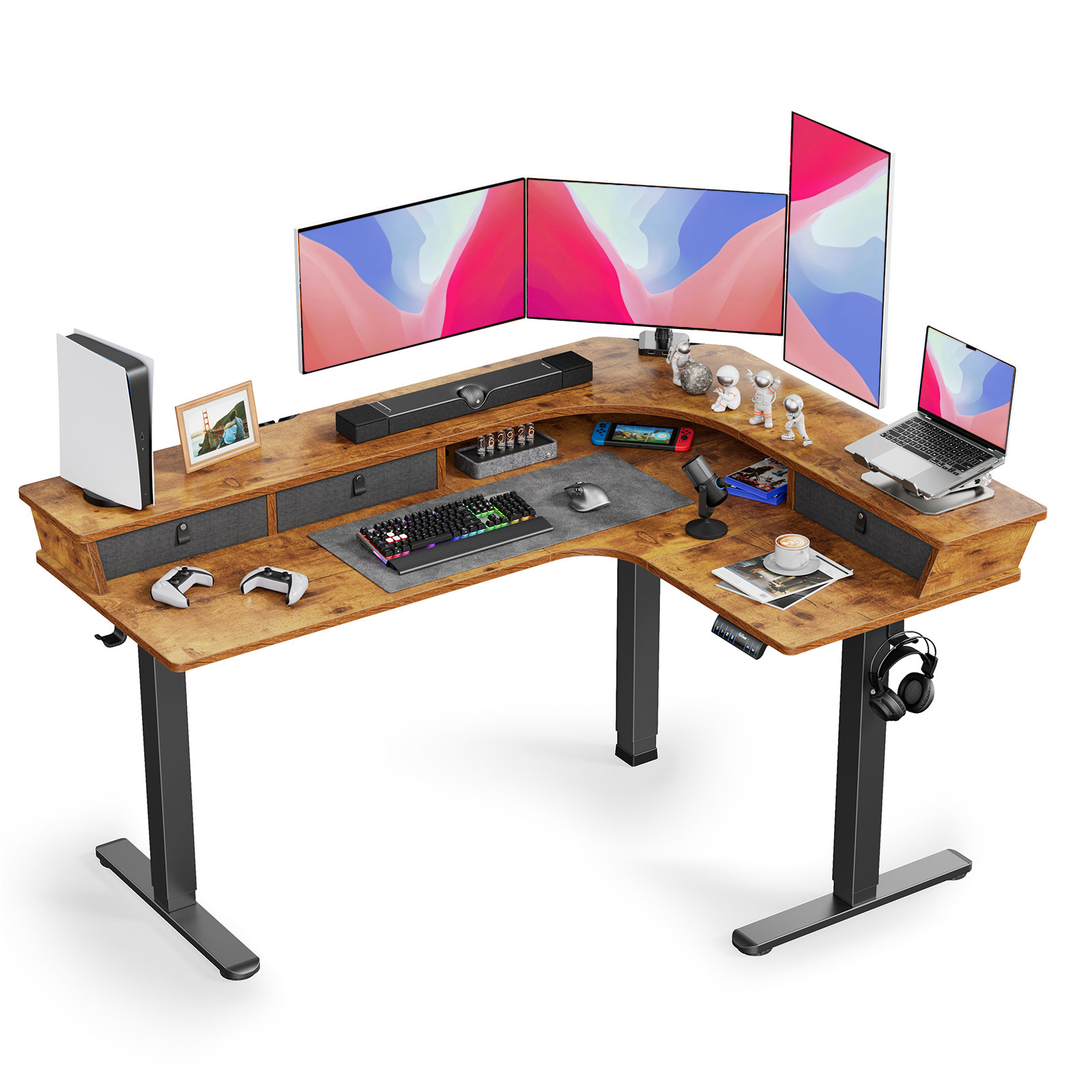 Brayden Studio® Edzel 63″ L Shaped Computer Standing Desk with 3 Drawers ,Electric Height ...