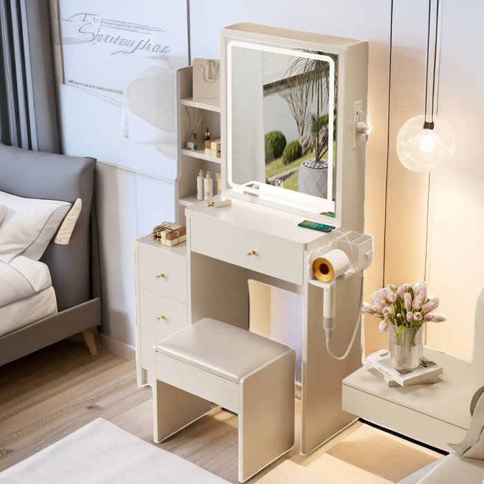 Ivy Bronx Table de coiffeuse à 4 tiroirs Ishaque avec tabouret, armoire ...