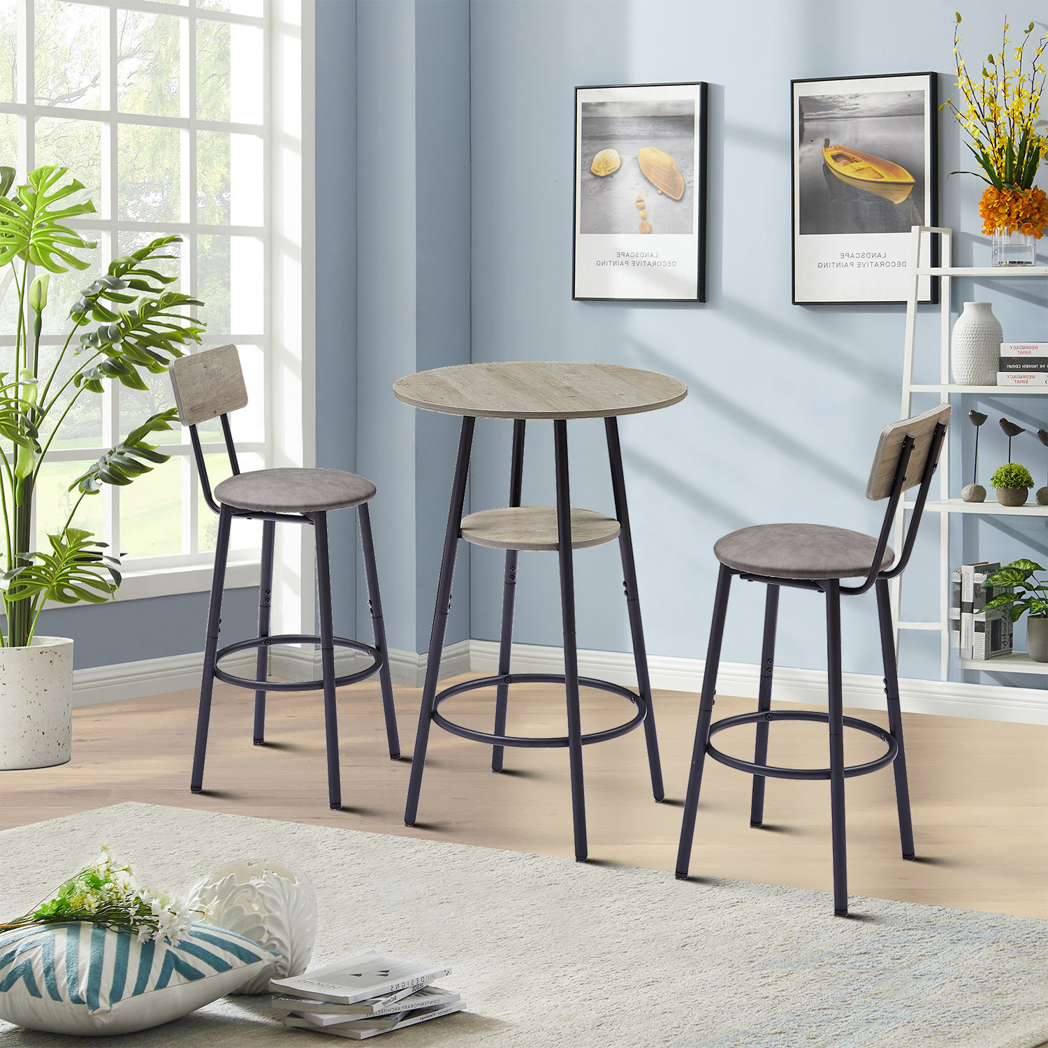 17 Stories Tynica Rustic bar set with round bar table and shelf ...