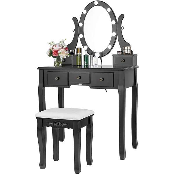 Rosdorf Park HayterMakeup Vanity Set with Rotating Lighted Mirror and ...