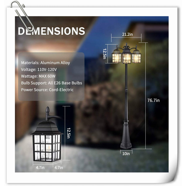 Red Barrel Studio® 3-Head Outdoor Lamp Post Light Fixture, Dusk To Dawn ...