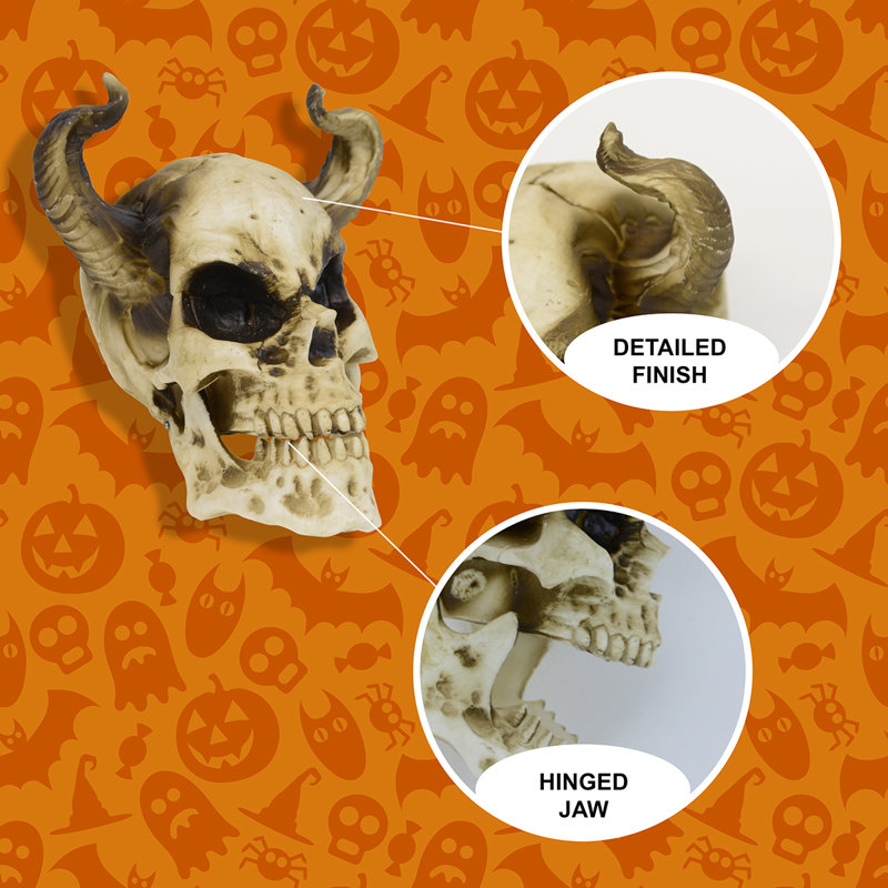 The Holiday Aisle® Horned Devil Human Skull Skeleton Head Moving Jaw ...