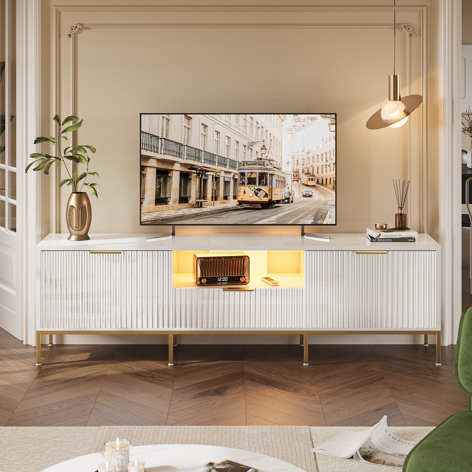 Mercer41 Alkire 70" Fluted TV Stand for 75 Inch TV, Glossy Media ...