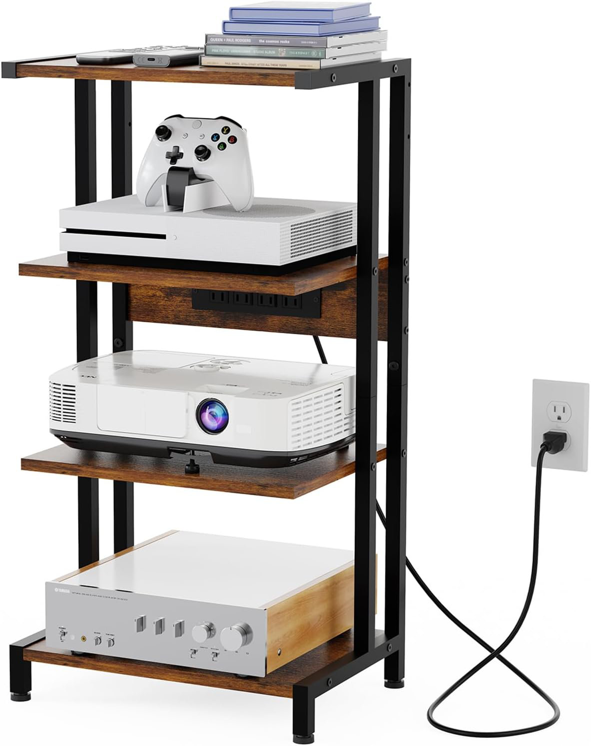 17 Stories 4-Tier AV Media Stand With Power Strips, Wooden Corner Shelf ...