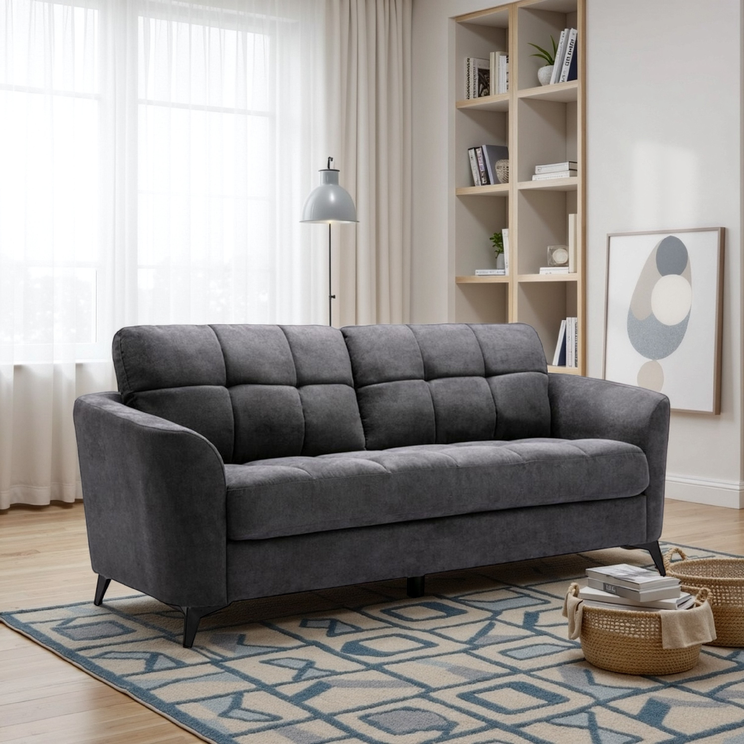 Ivy Bronx Kaslik 79 Inch Modern Sofa with Tufted Cushioning, Black ...