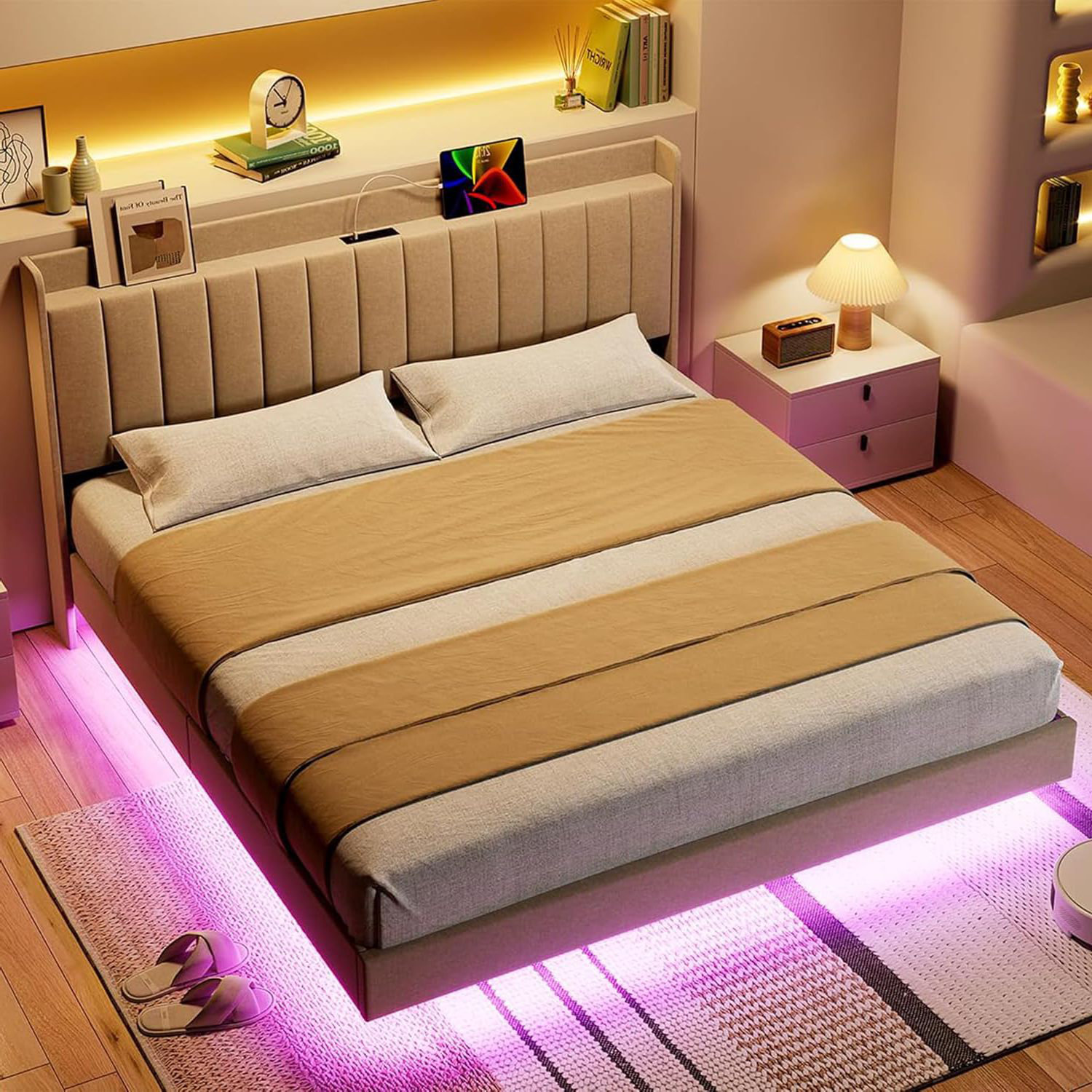 Wrought Studio™ Floating Bed Frame With LED Lights, Charging Station ...