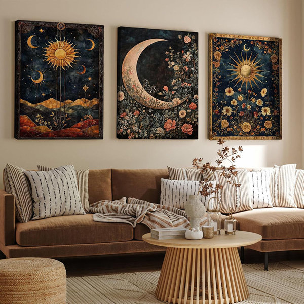 Winston Porter Framed 3Pcs Sun And Moon Celestial Wall Art Gothic ...