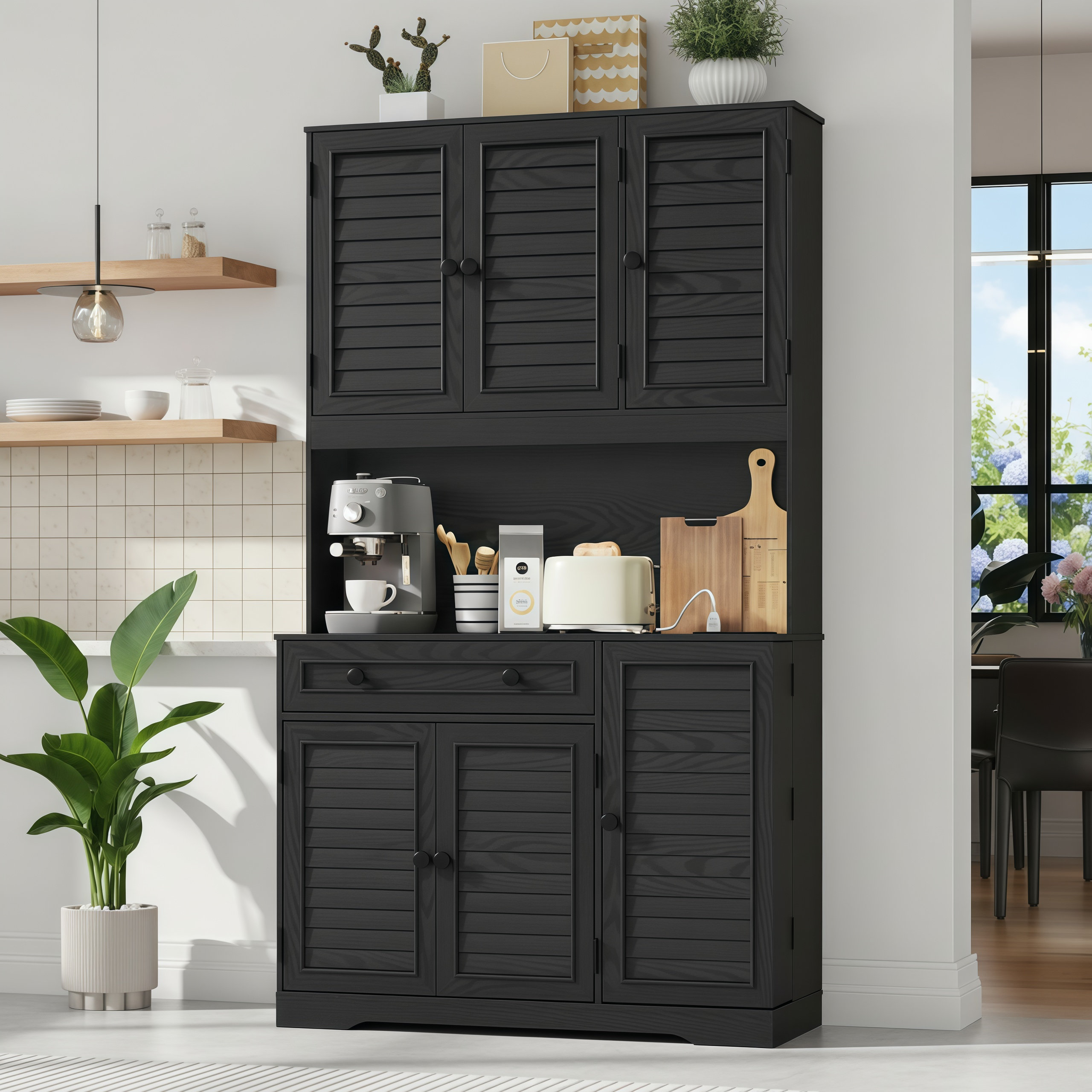 Brayden Studio® White Tall Kitchen Cabinets, Louvered Door Food Storage ...