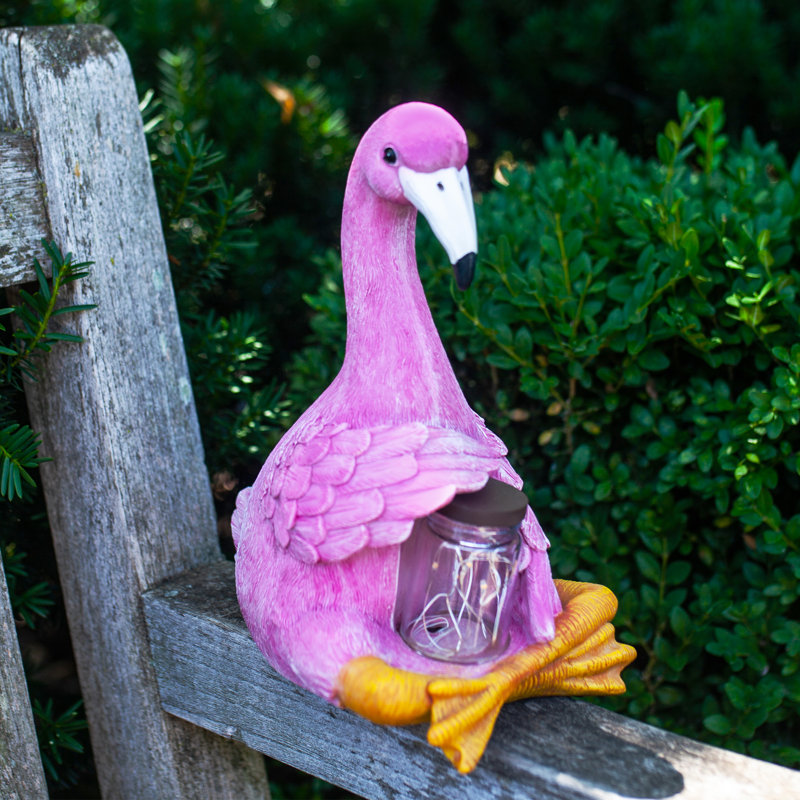 Exhart Solar Sitting Flamingo Garden Statue Holding A Firefly Jar With ...