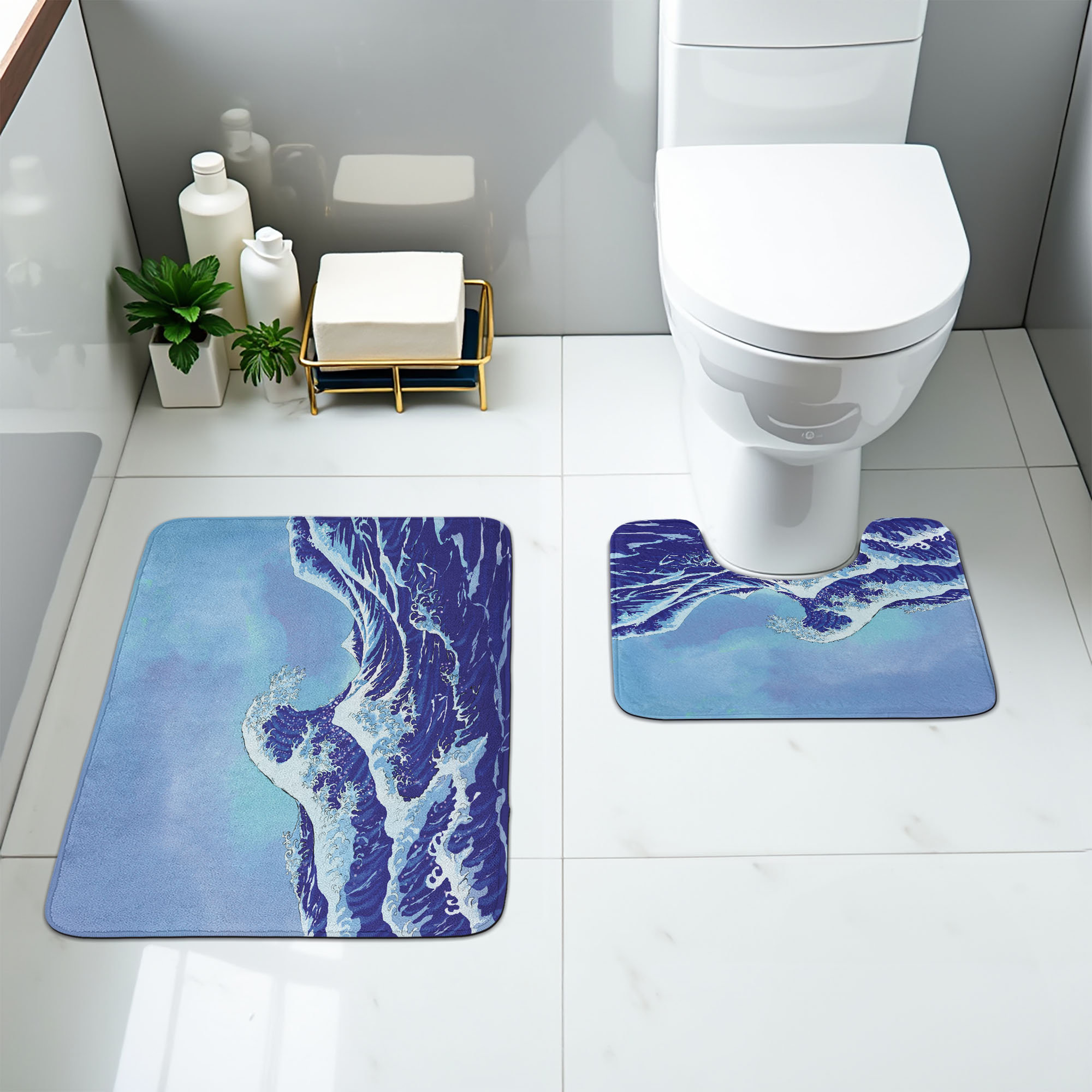 East Urban Home Blue Bathroom Rug Set 2 Pieces Rectangle & Contour Mats ...