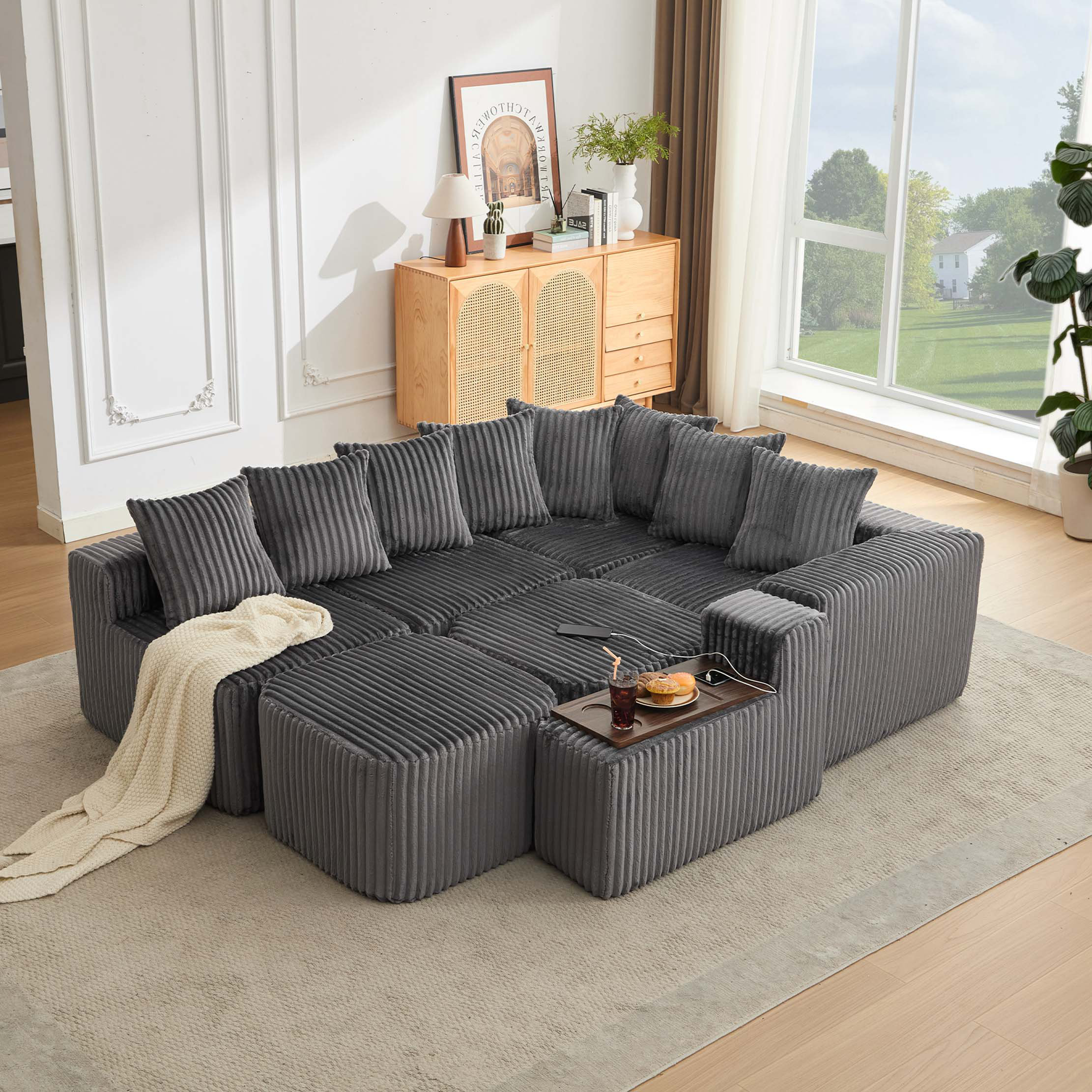 Latitude Run® 137.5" U Shaped Sofa , USB & Wireless Charge, Coffee ...