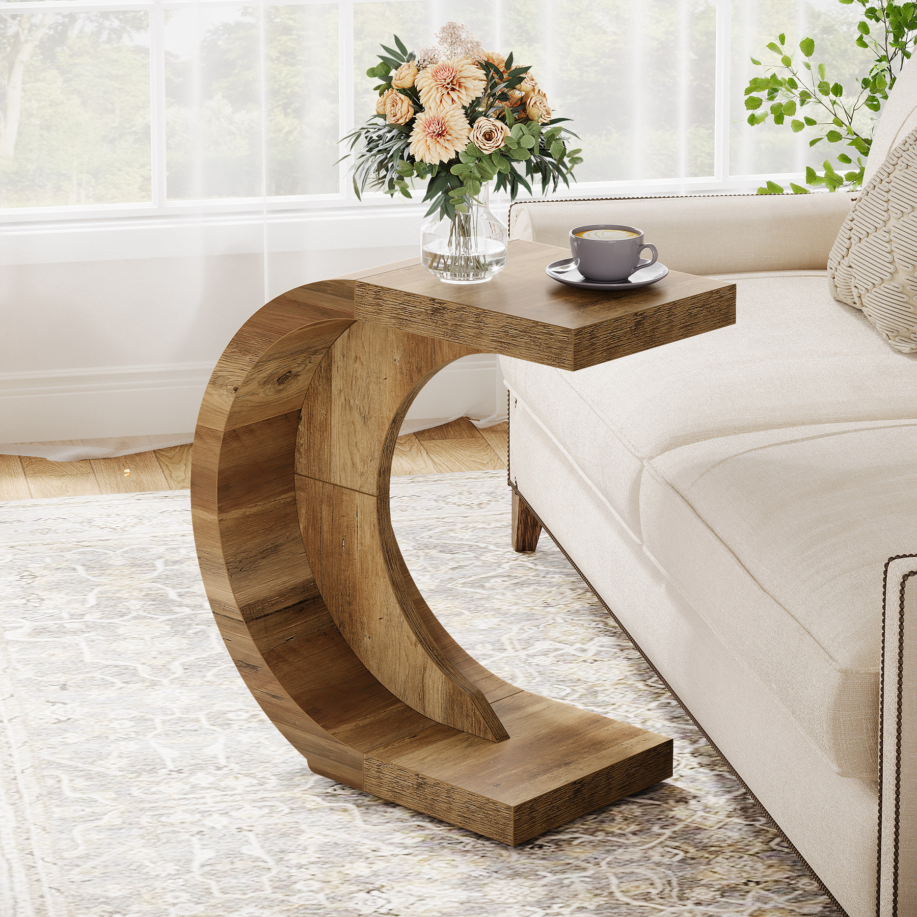 Millwood Pines Tribesigns C-Shaped End Table, Wood Side Table For Couch ...