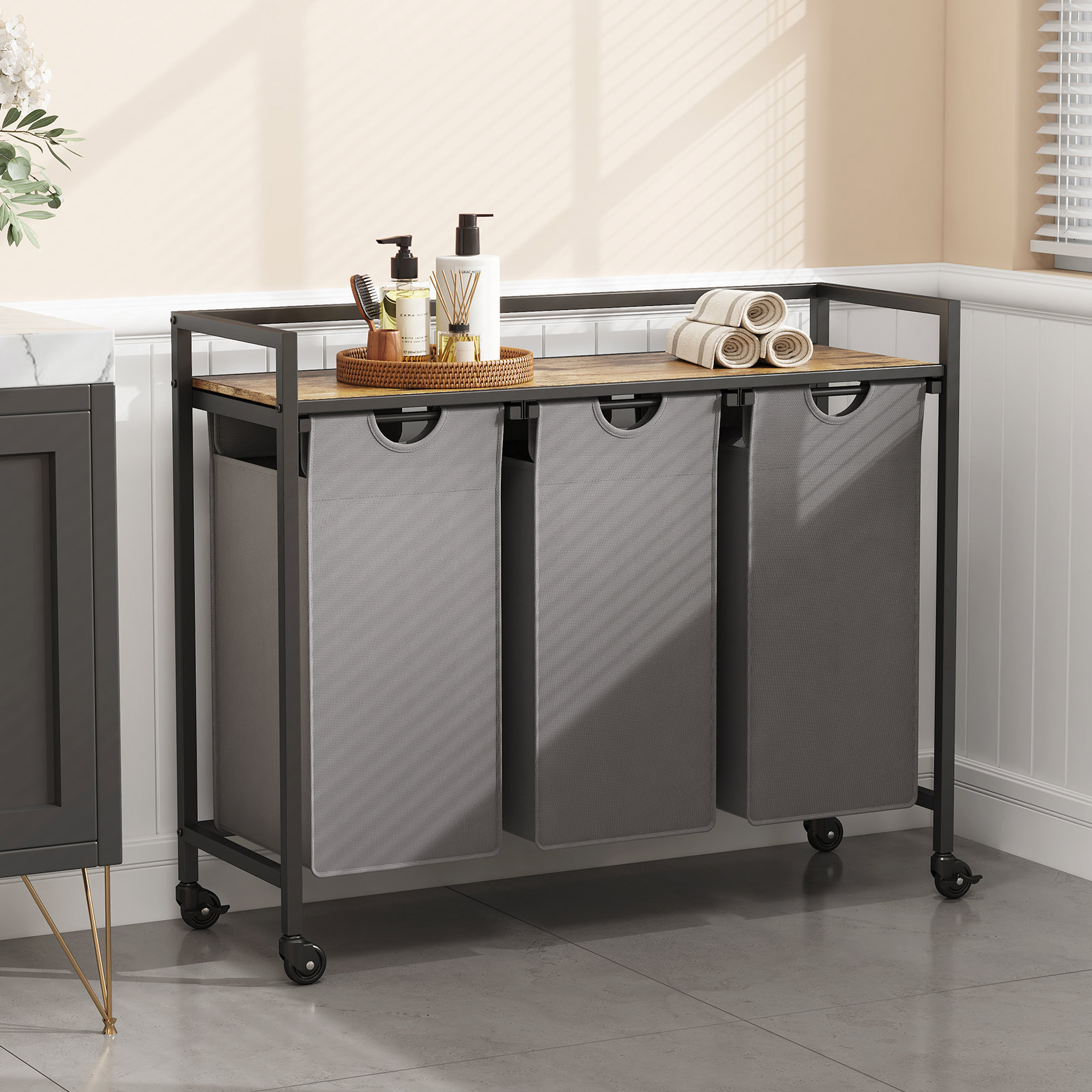 17 Stories Laundry Hamper With Wheels, 120l 3 Section Pull Out Clothes ...