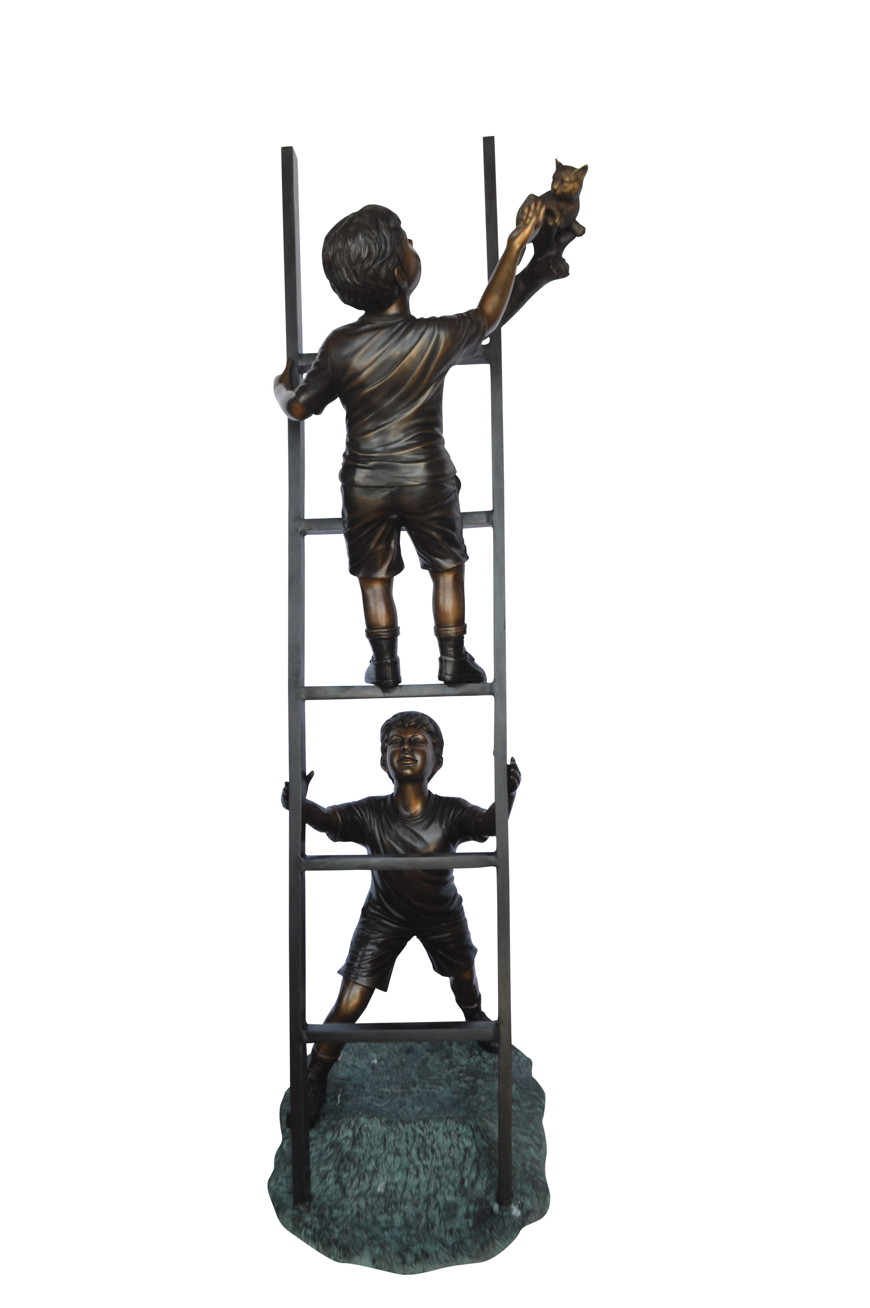 Nifao Statues Two Kids Climb A Ladder Saving A Cat Bronze Statue - Size ...