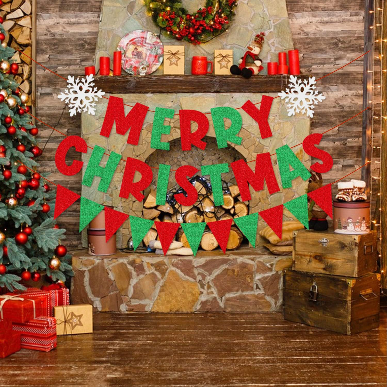 The Holiday Aisle® Merry Christmas Banner Red Green Glitter,Christmas ...
